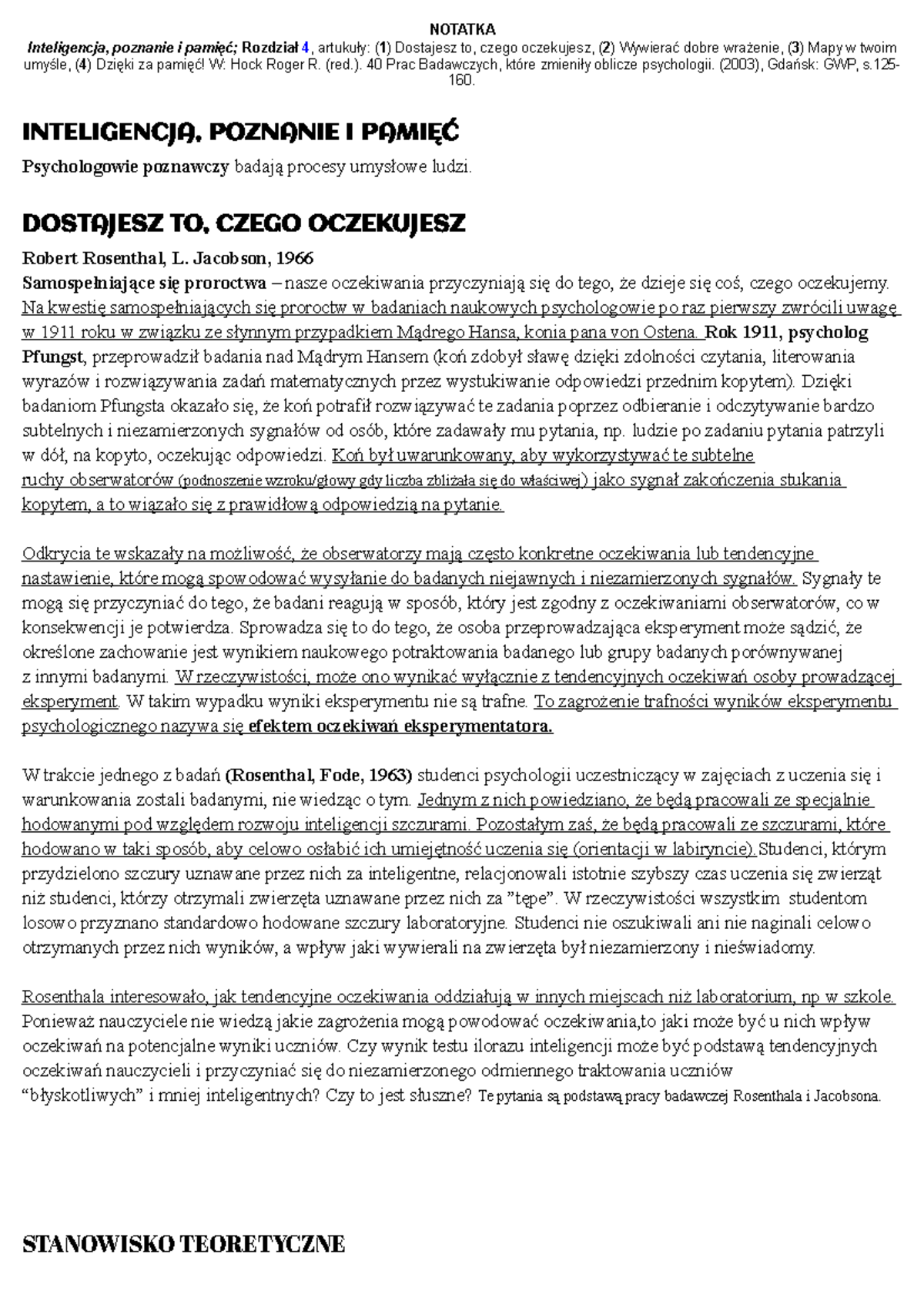 Notatka Inteligencja, poznanie i pamięć; Rozdział 4; 40 Prac Badawczych ...