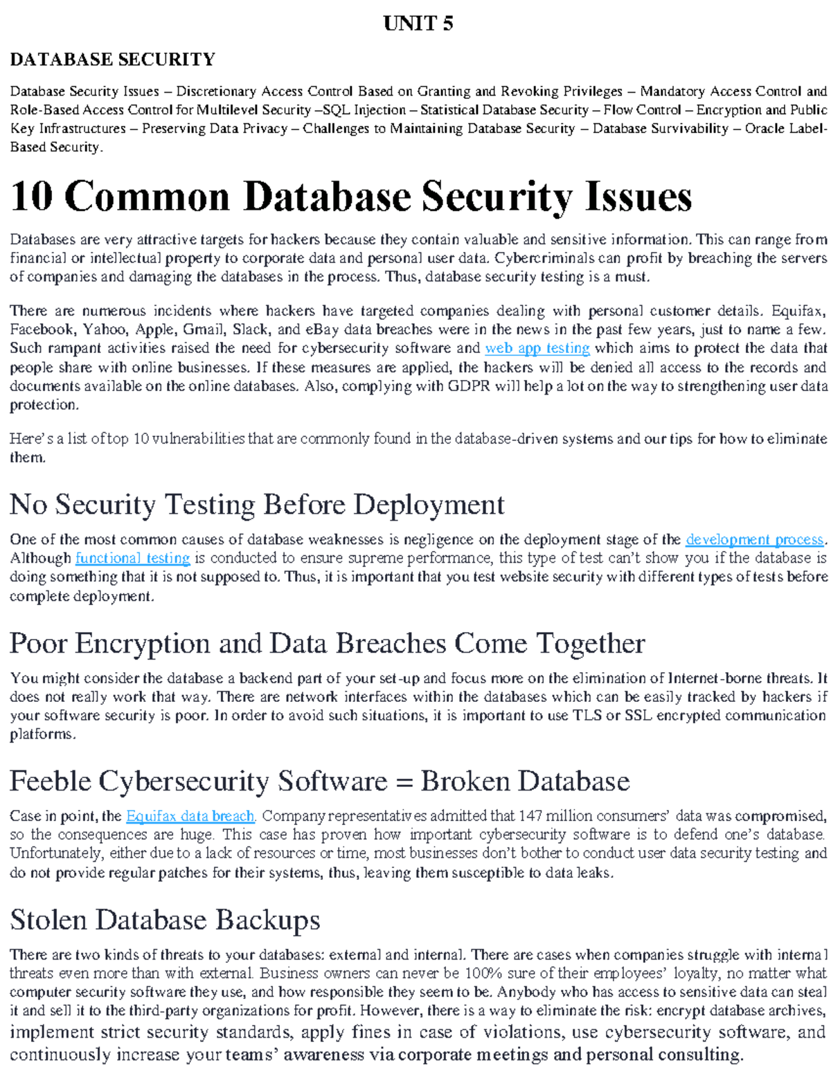 Unit 5-DBP - UNIT 5 DATABASE SECURITY Database Security Issues ...