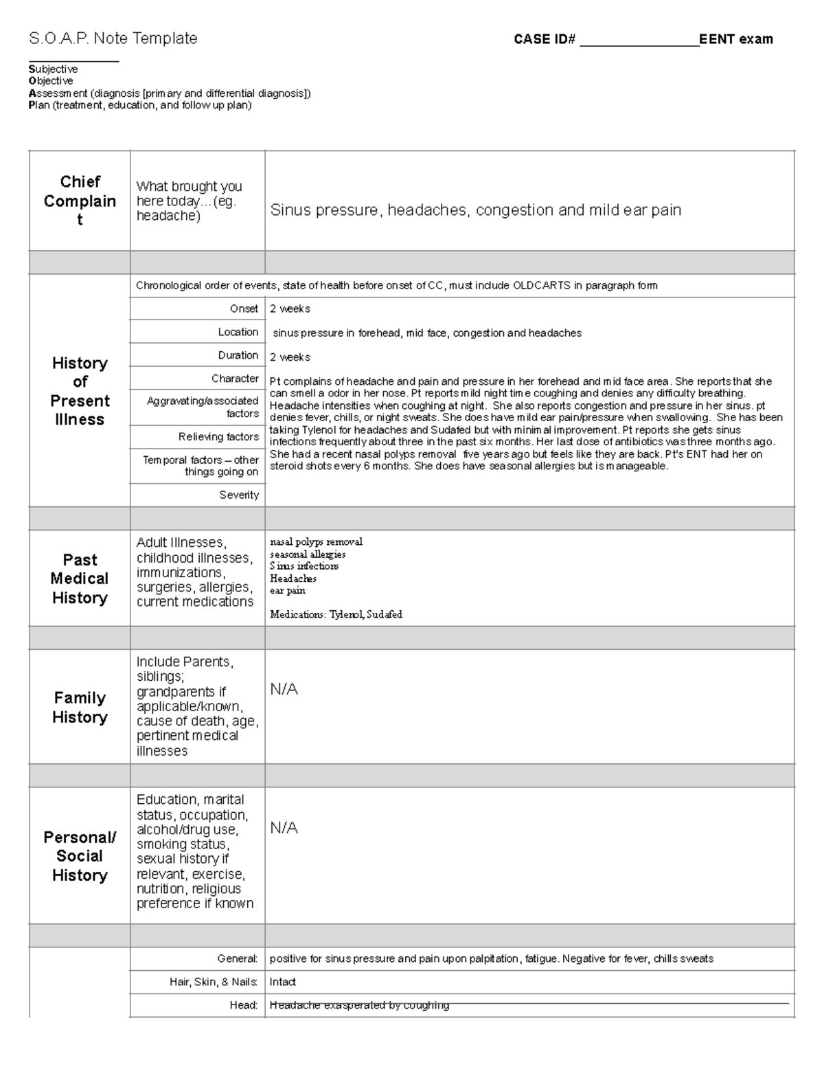 EENT exam - ENT shadow health homework assignments - S.O.A. Note ...