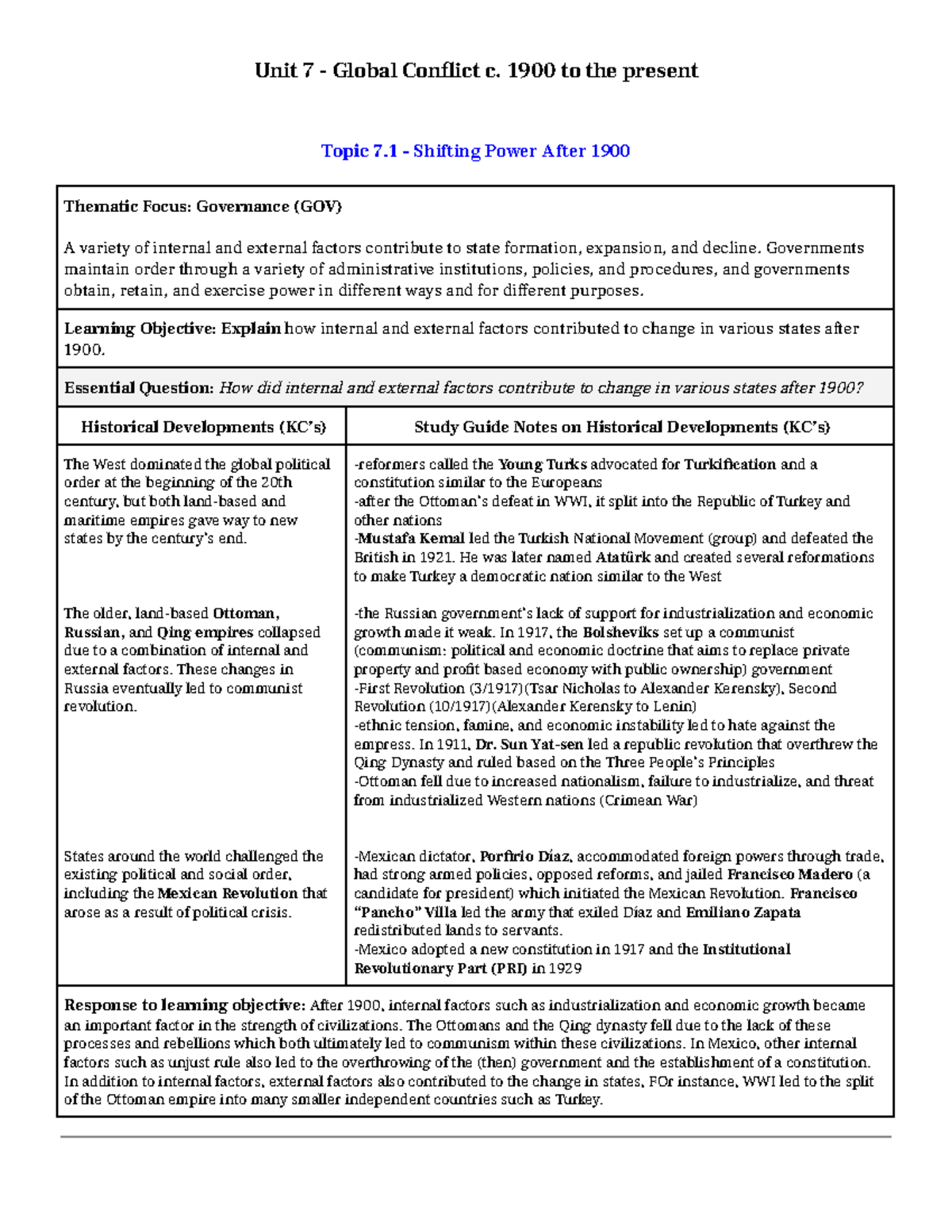 Unit 7 - Global Conflict (Topics 7 - Unit 7 - Global Conflict c. 1900 ...