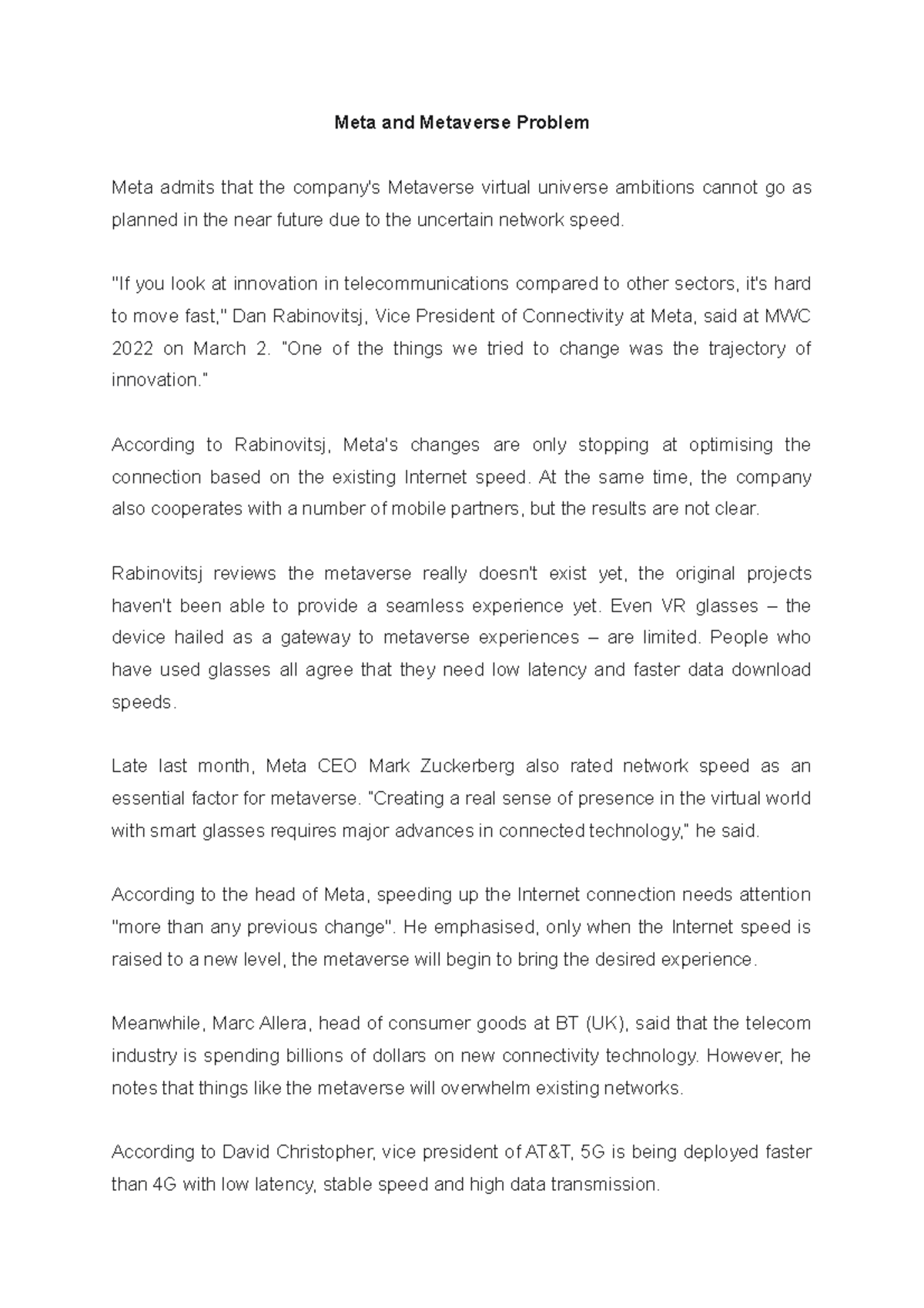 Meta and Metaverse Problem - "If you look at innovation in ...