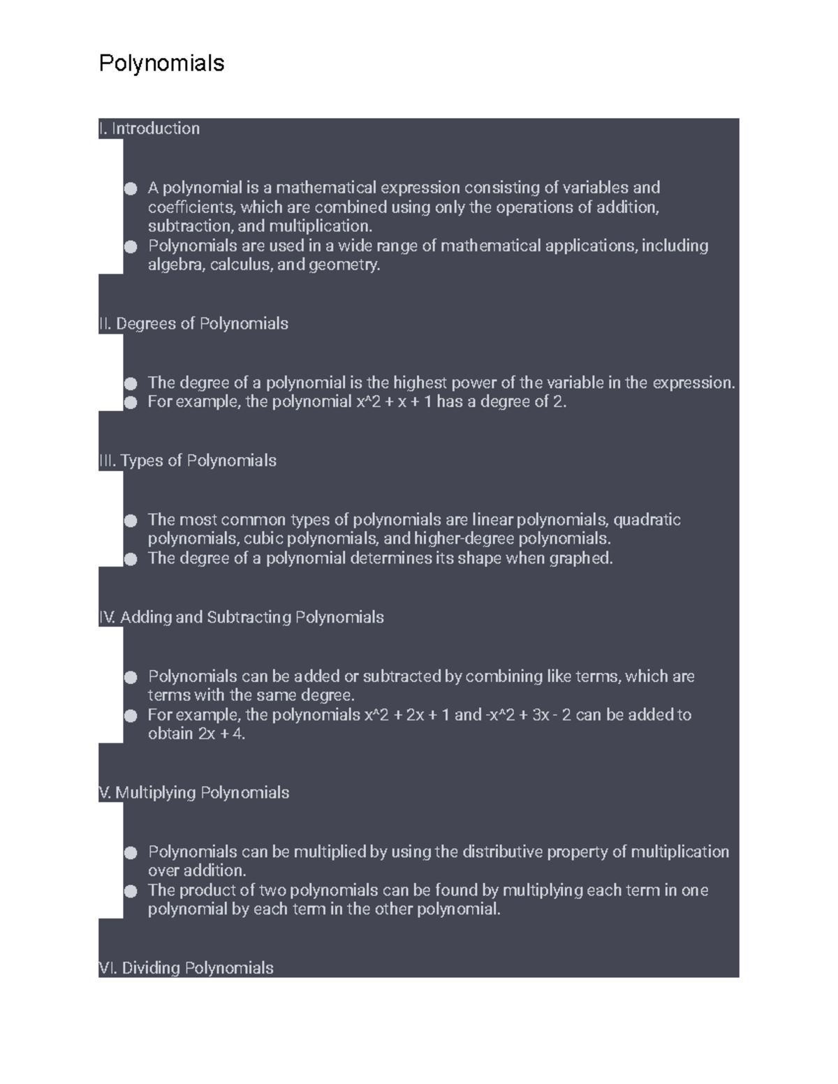 Riverside city college polynomials - Polynomials I. Introduction A ...