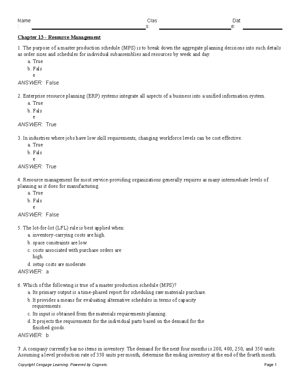Chapter 13 Resource Management Test Bank Chapter 13 Resource