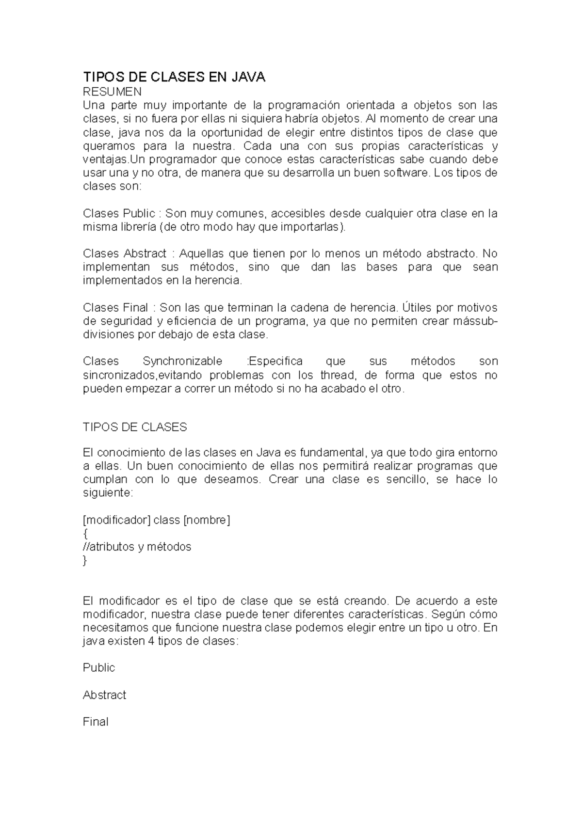 Material Examen 2DO Parcial Tipos DE Clases EN JAVA - TIPOS DE CLASES ...