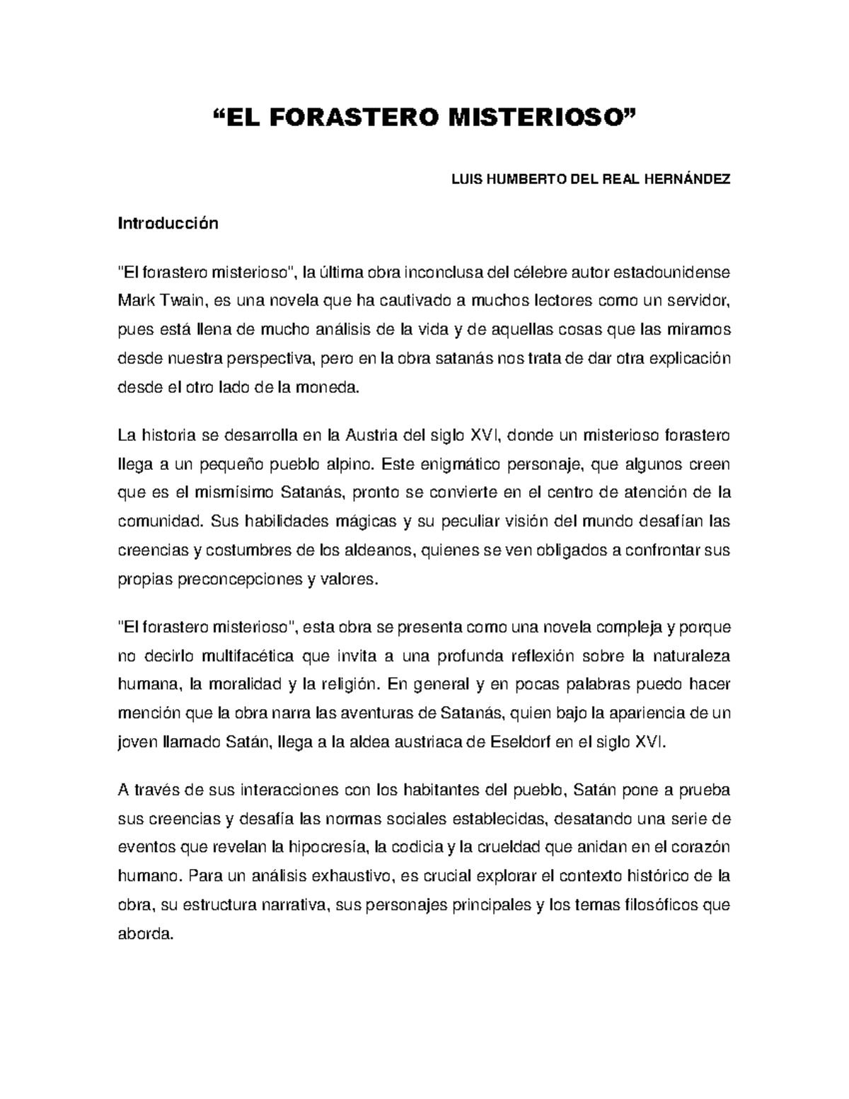 Ensayo 3.- El forastero misterioso - “EL FORASTERO MISTERIOSO” LUIS ...