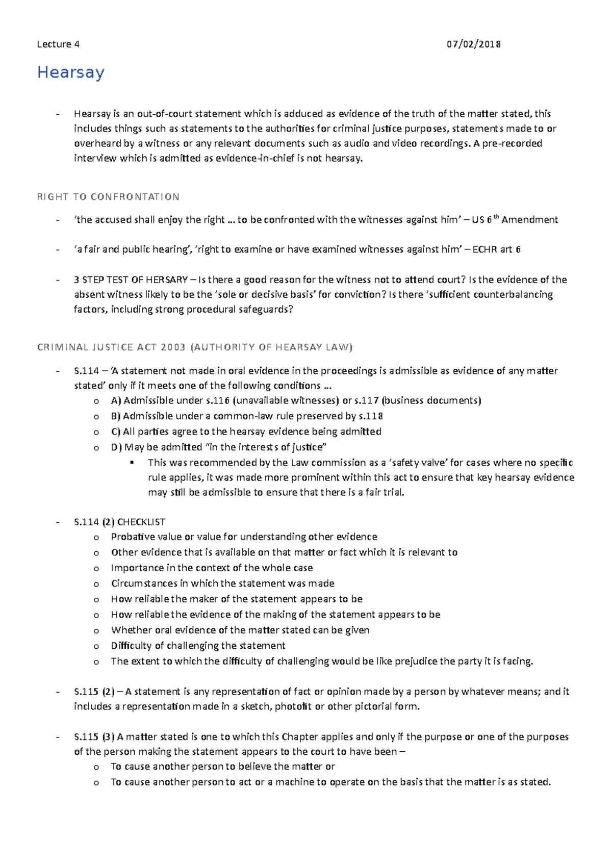4. Hearsay Evidence Laws - Lecture 4 07/02/2018 Hearsay - Hearsay is an ...