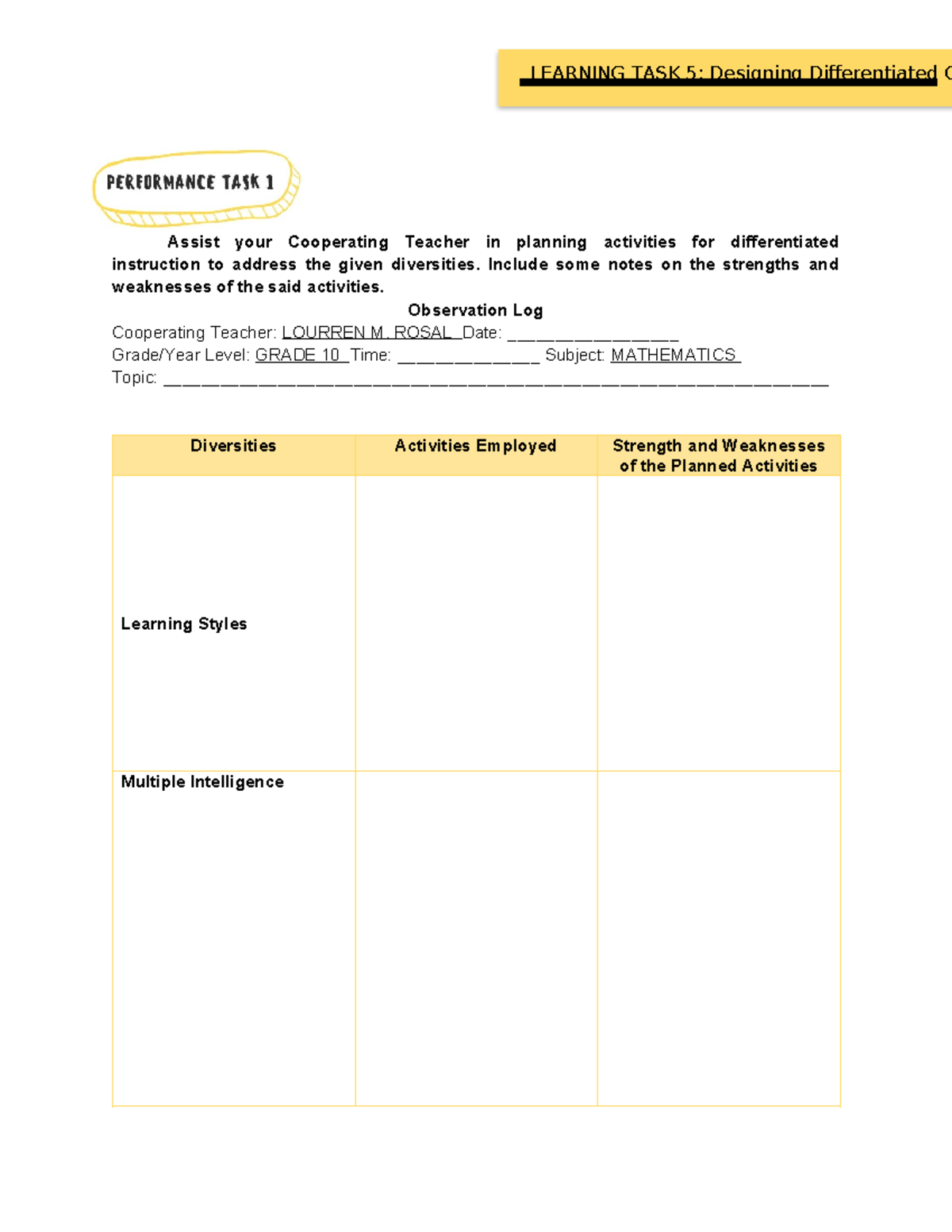 Learning-TASK-5 - learning task 5 - Assist your Cooperating Teacher in planning activities for ...