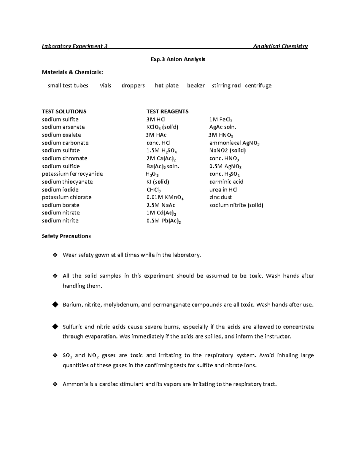 Anachem laboratory - Laboratory Experiment 3 Analytical Chemistry Exp Anion Analysis Materials ...