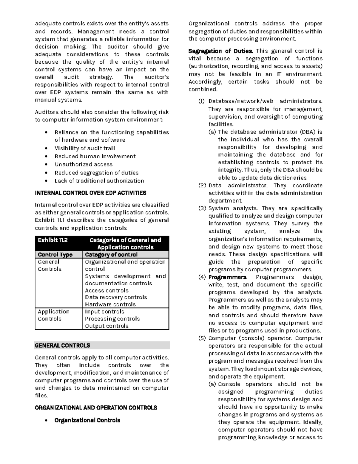 AT Chapter 11-notes Part 2 - adequate controls exists over the entity’s ...