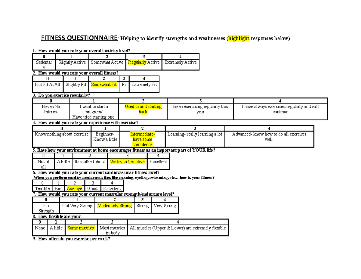 Fitness Questionaire - Lecture notes 3 - FITNESS QUESTIONNAIRE ...
