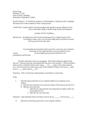 Sample Prep Outline - informative speech on anxiety in public speaking ...