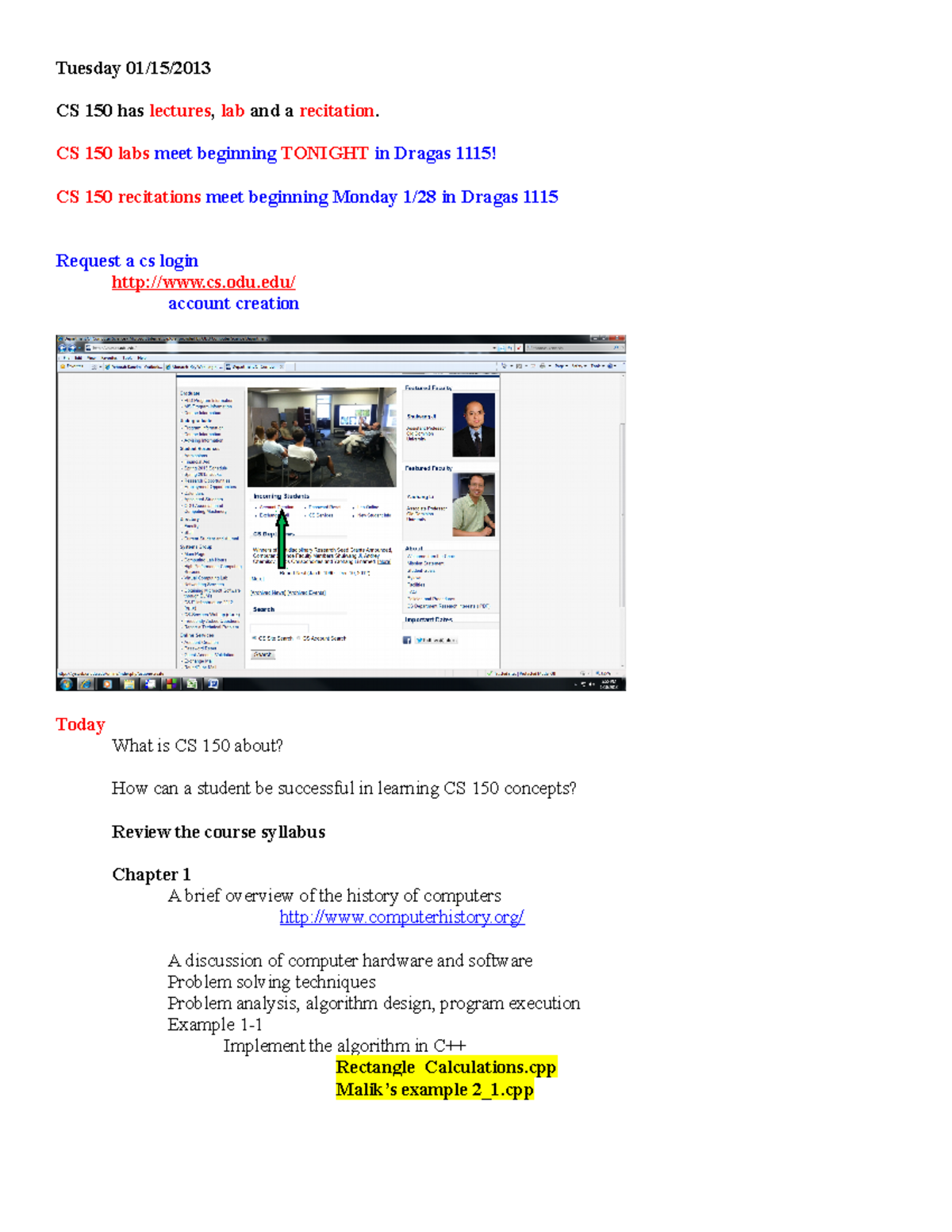 Wk1 tues - Lecture notes 1 - Tuesday 01/15/2013 CS 150 has lectures ...