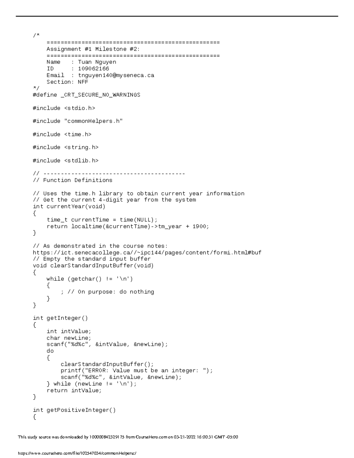 Common Helpers - assignment - PRG155 - Seneca College - Studocu