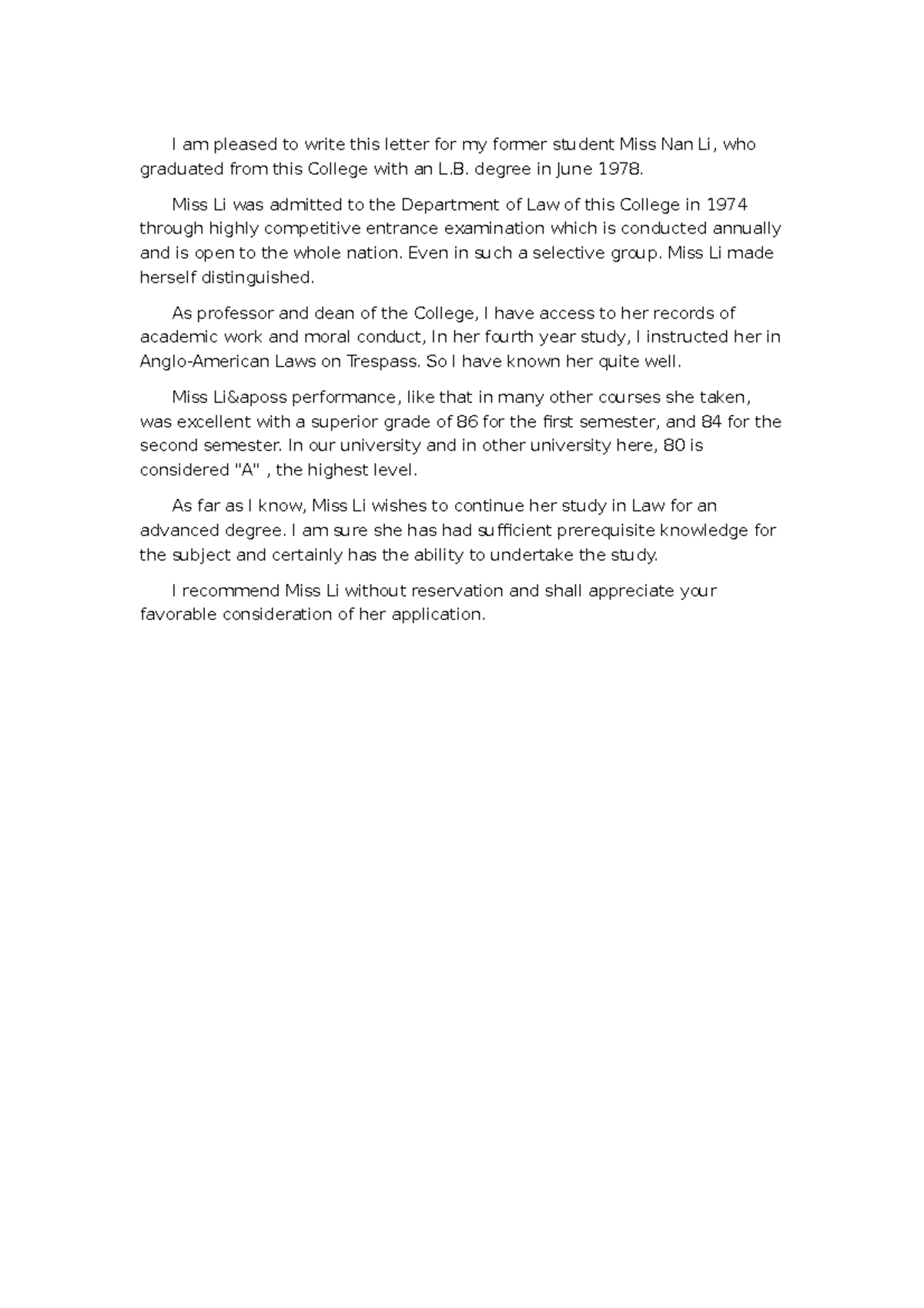 Recommendation letter for law students - I am pleased to write this ...
