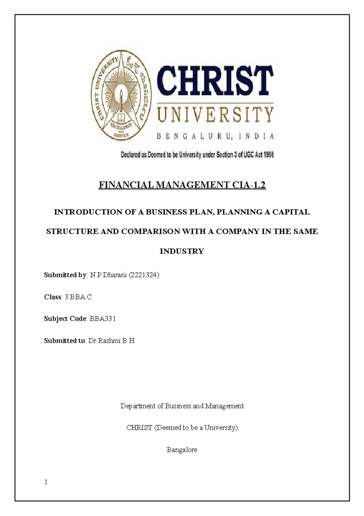 FM CIA 2 - cia 1 - FINANCIAL MANAGEMENT CIA-1. INTRODUCTION OF A BUSINESS PLAN, PLANNING A ...