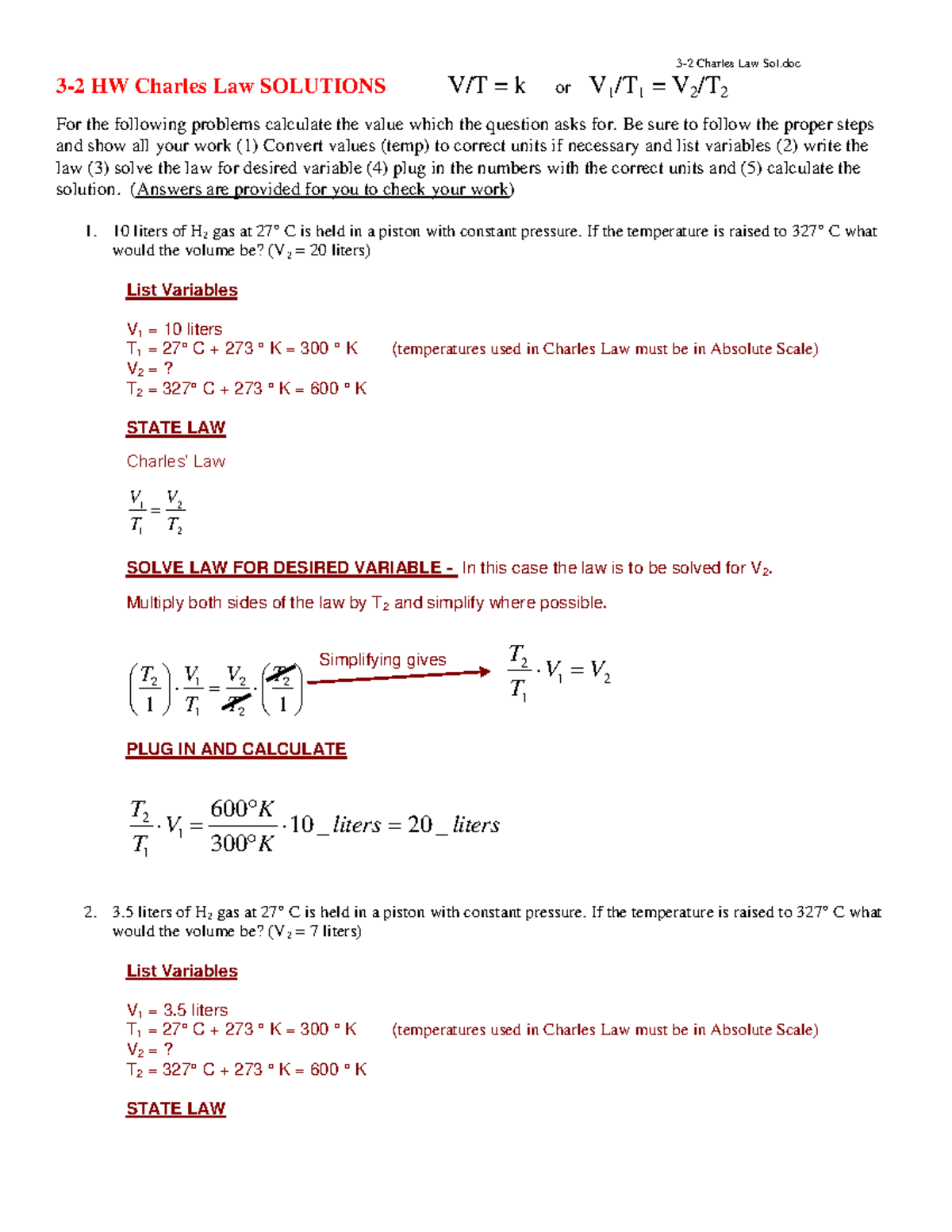 3-2 Charles Law Solution - 3-2 Charles Law Sol 3-2 HW Charles Law ...