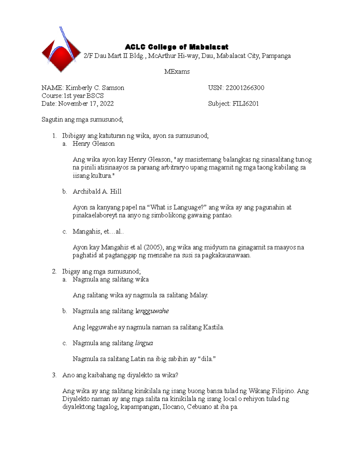 Kimberly Samson MExam - qwer - ACLC College of Mabalacat 2/F Dau Mart ...