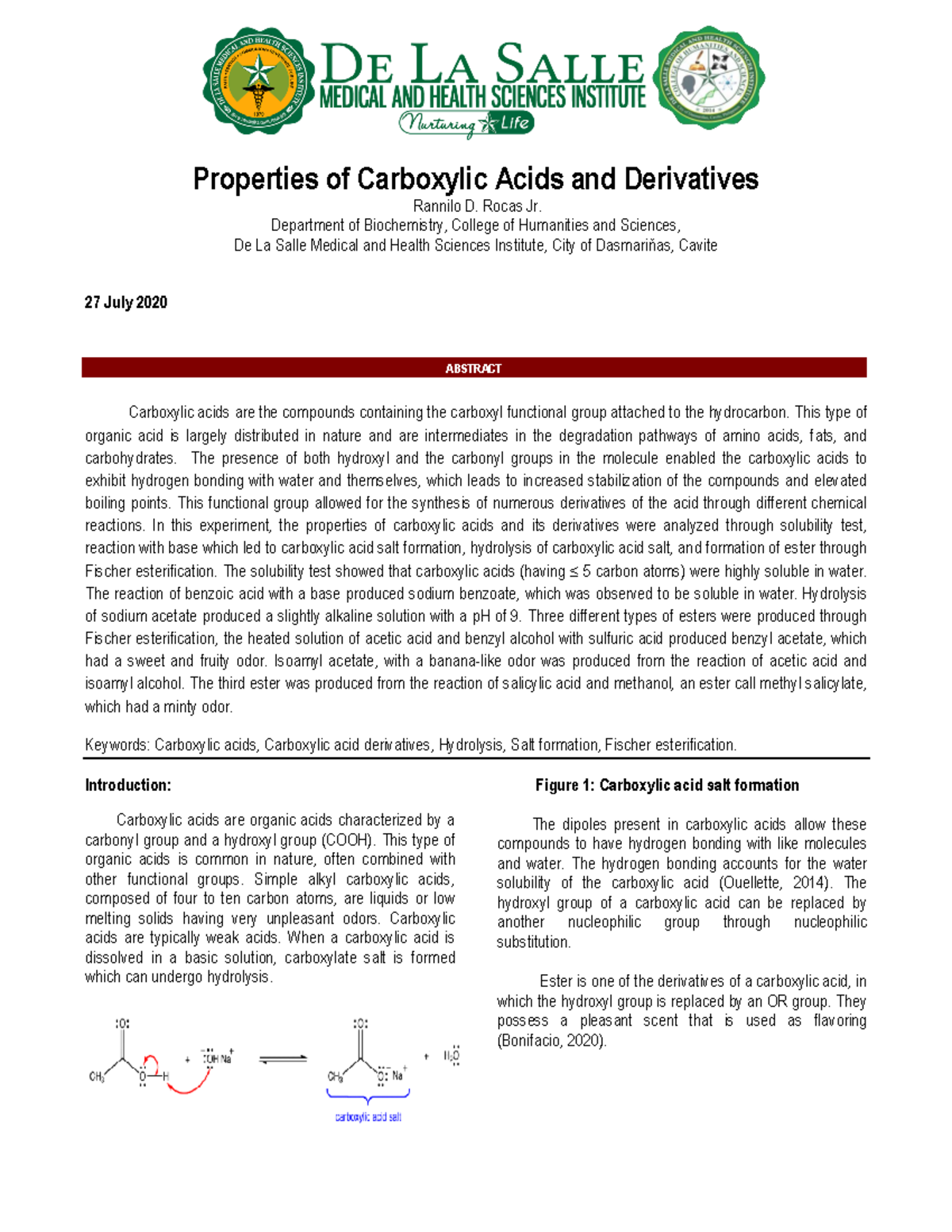 Properties of Carboxylic Acids and Derivatives - Rocas Jr. Department ...