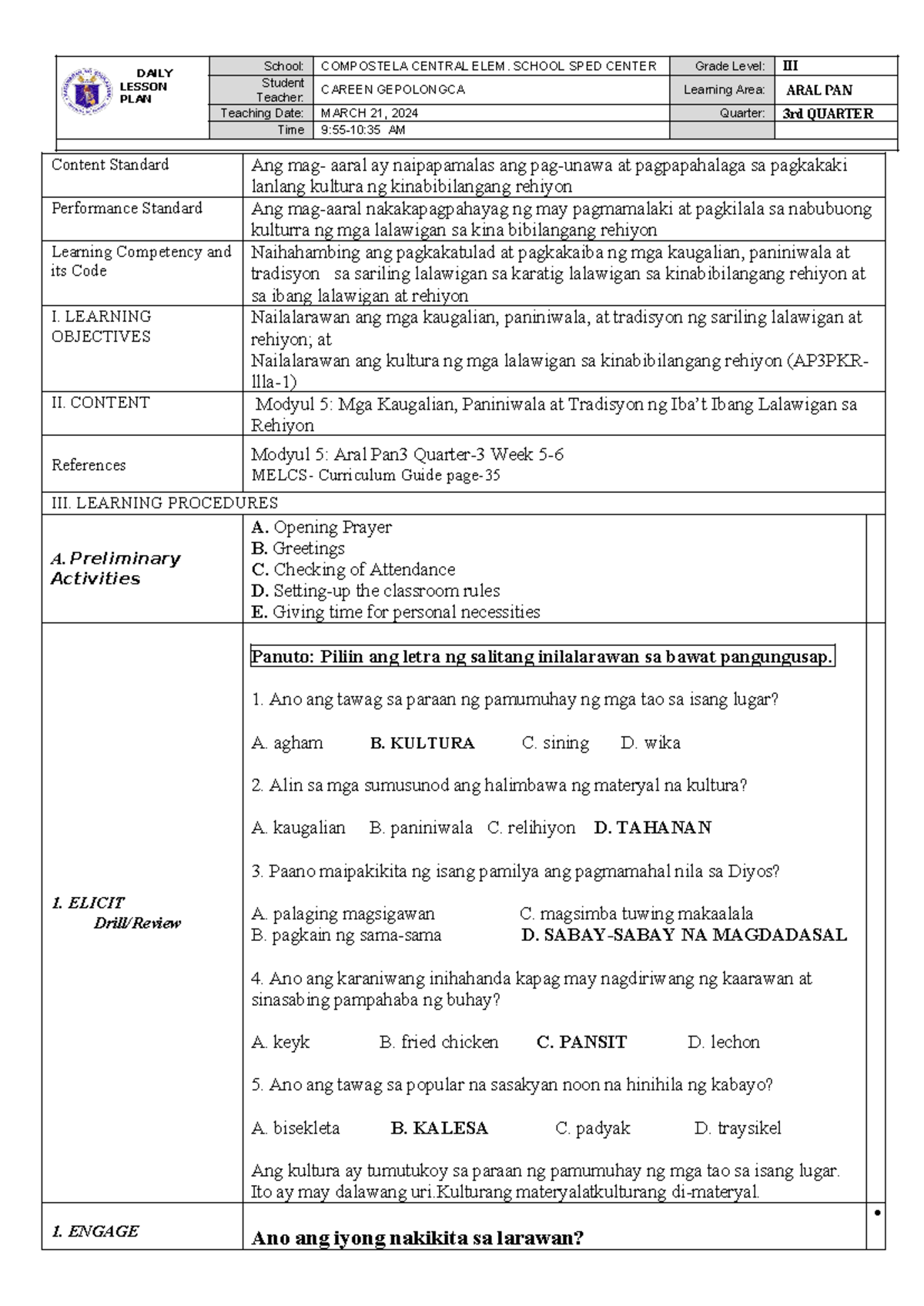 Aral-pan 3 week-5 - aral pan lesson plan - DAILY LESSON PLAN School ...