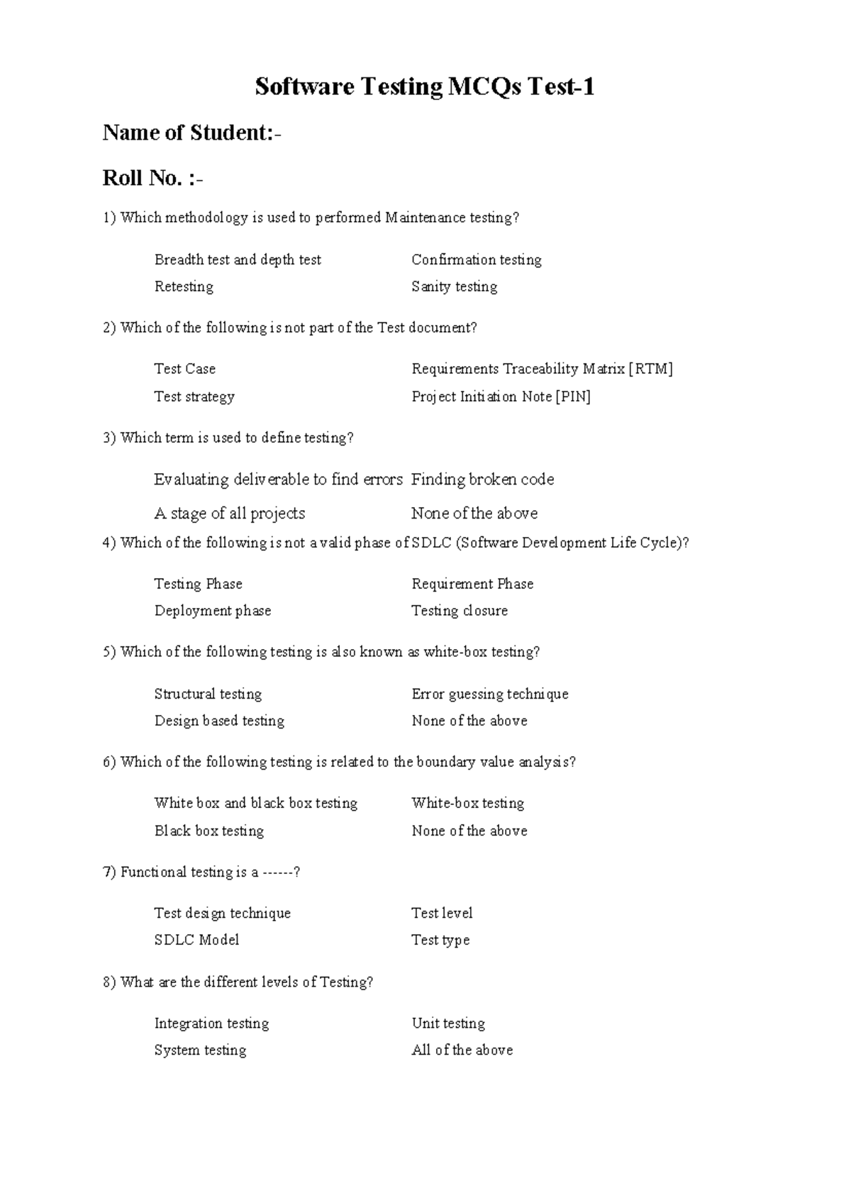 Software Testing MCQs Test1 - Software Testing MCQs Test- Name of ...