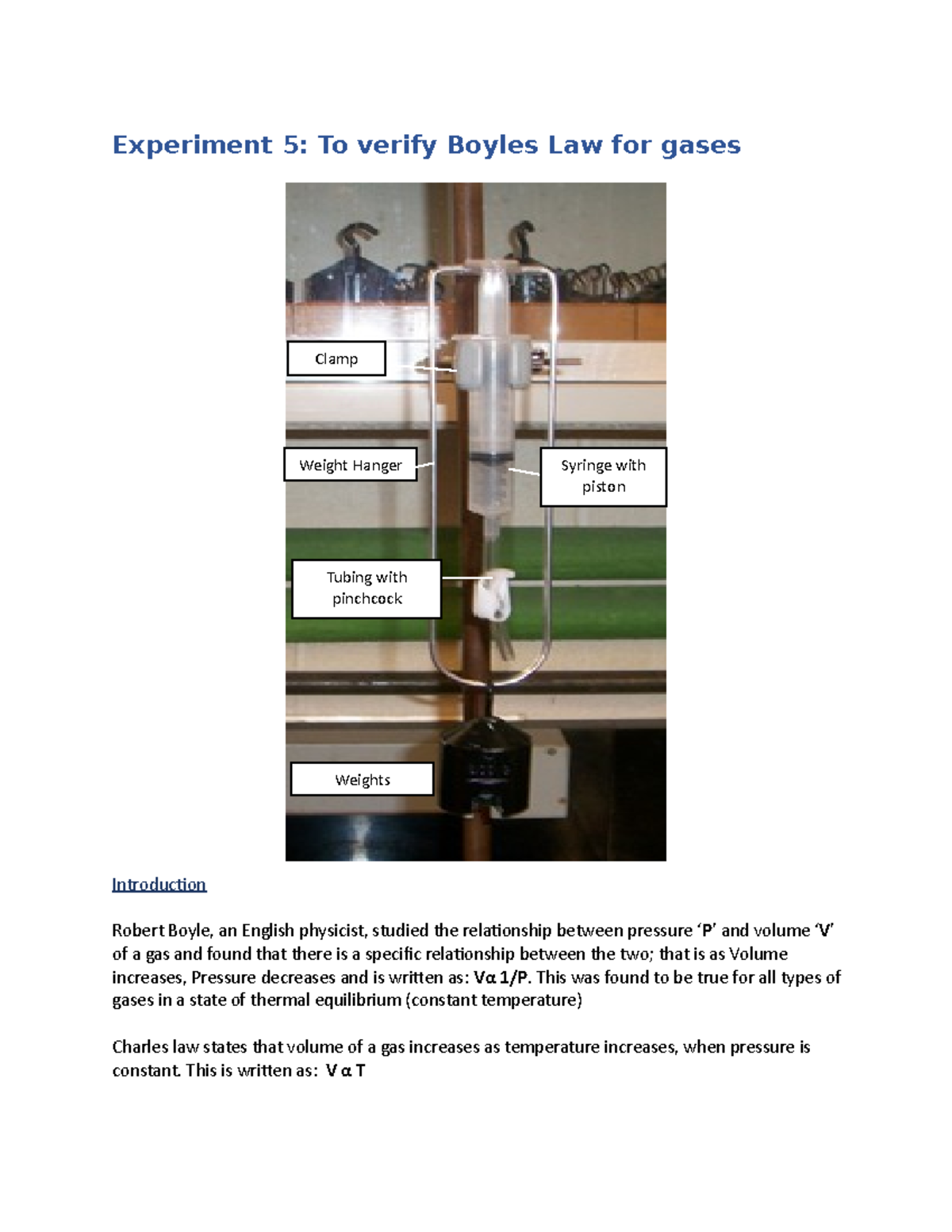Chemistry lab 5 - Exam Review - Experiment 5: To verify Boyles Law for ...
