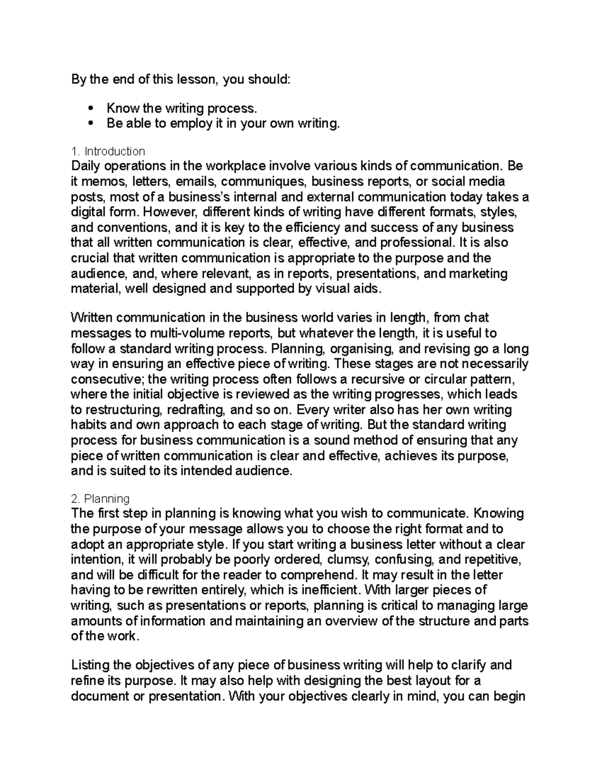 Lesson 1 the writing process - By the end of this lesson, you should ...