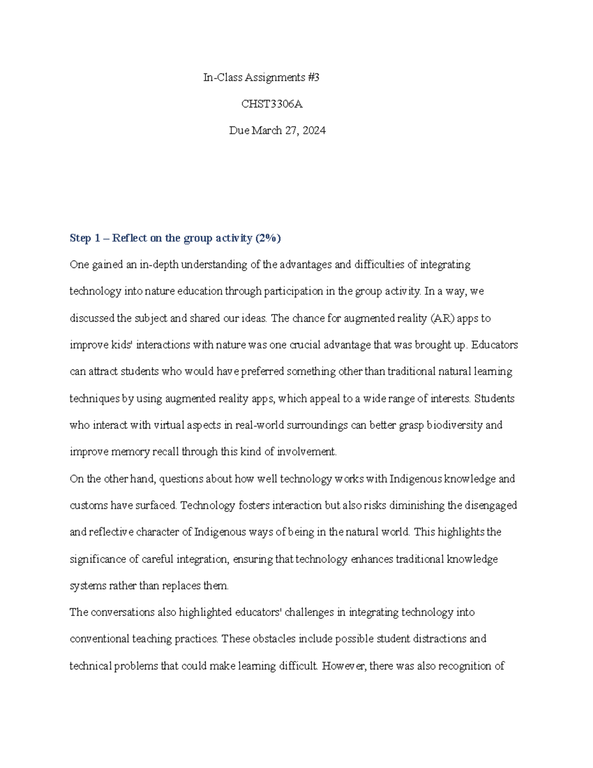 Copy of In-Class Assignments #3 - In-Class Assignments # CHST3306A Due ...