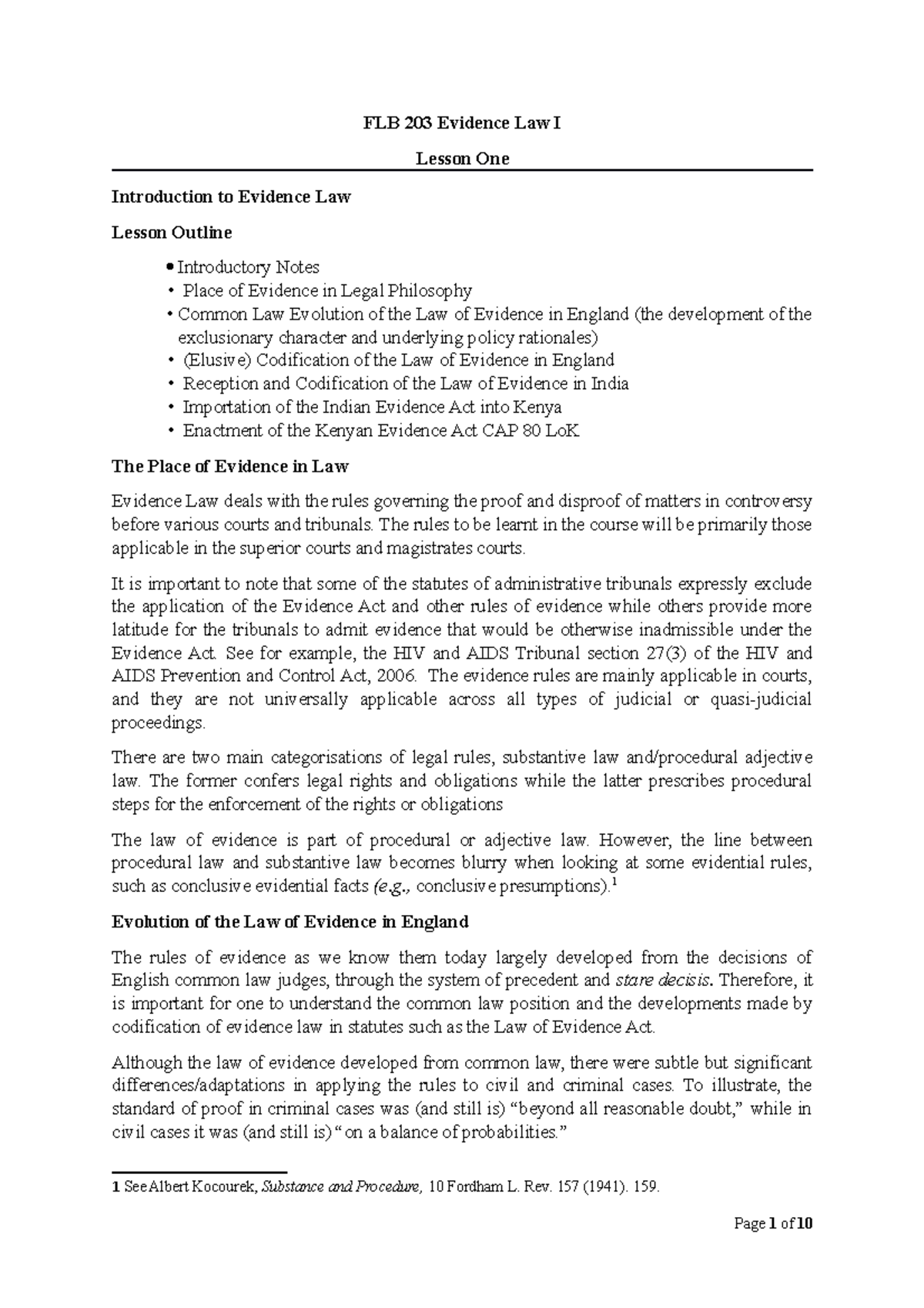 Evidence law Lesson 1 and 2 notes September 2022 - FLB 203 Evidence Law ...