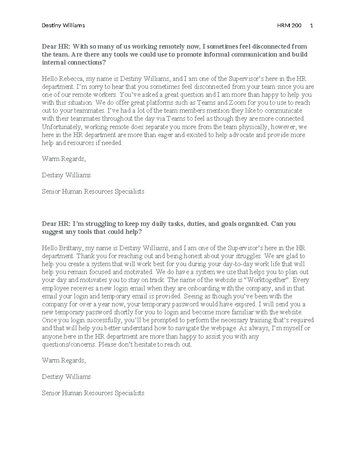 4-1 Assignment HR Inbox - Destiny Williams HRM 200 1 Dear HR: With so ...