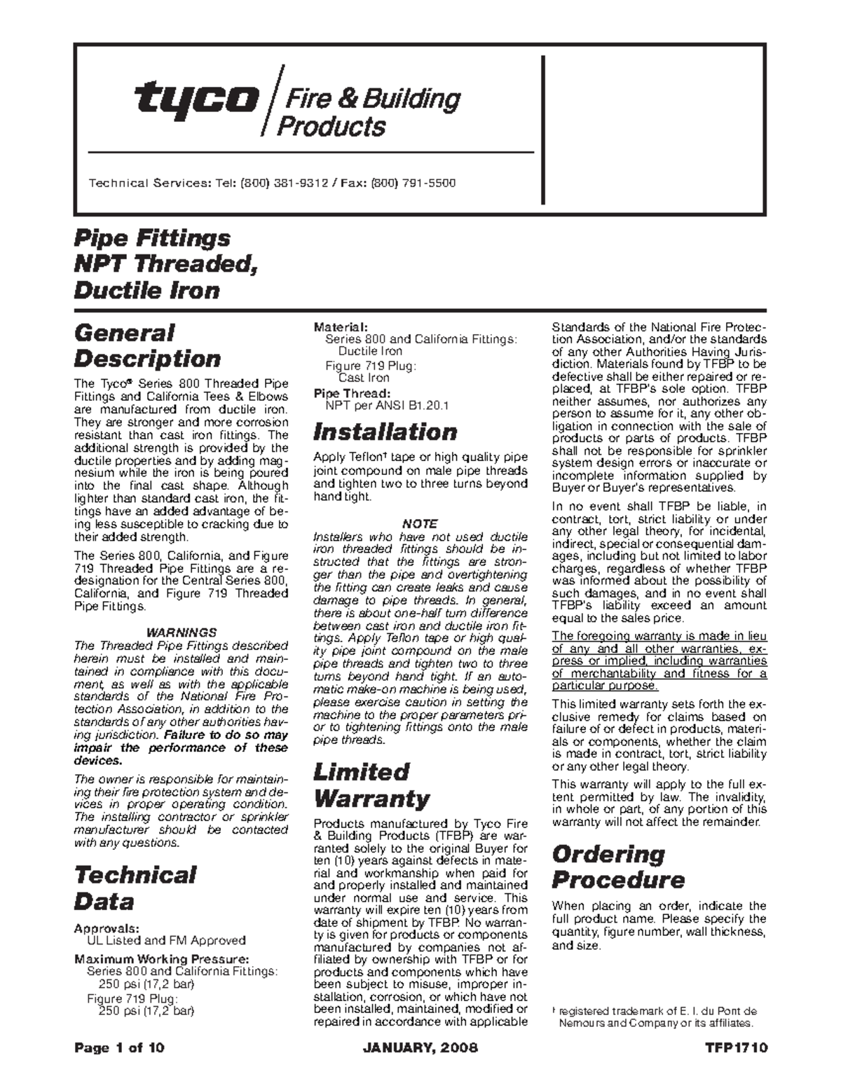 10.- Accesorios Roscados - General Description The Tyco® Series 800 ...