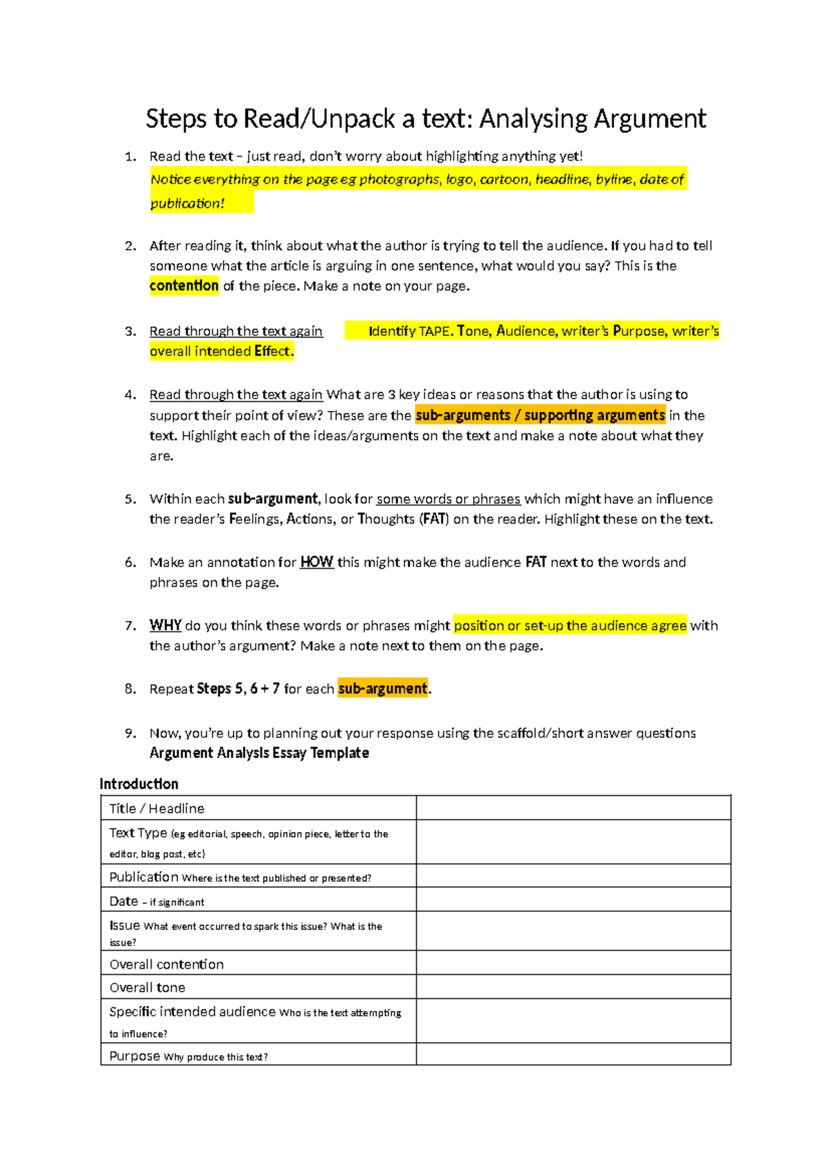 Argument Analysis Template - Steps to Read/Unpack a text: Analysing ...