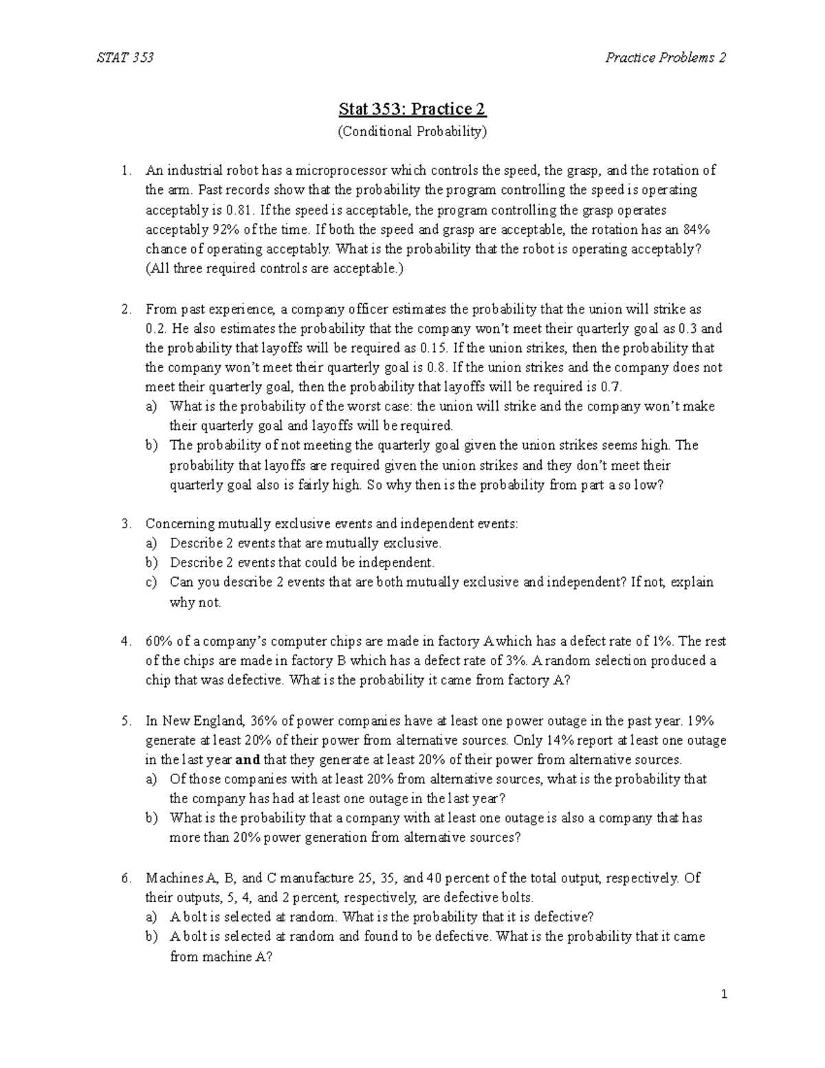 Practice 2 (Cond Prob, Indep), 353 - STAT 353Practice Problems 2 Stat ...