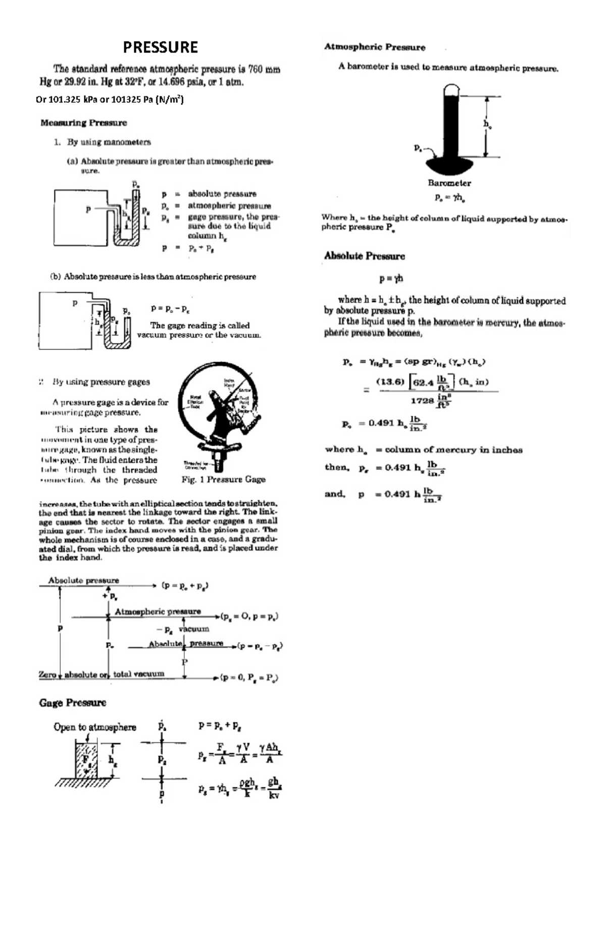 Recorded Lesson Notes 2 - Mechanical Engineering - PRESSURE Or 101 kPa ...
