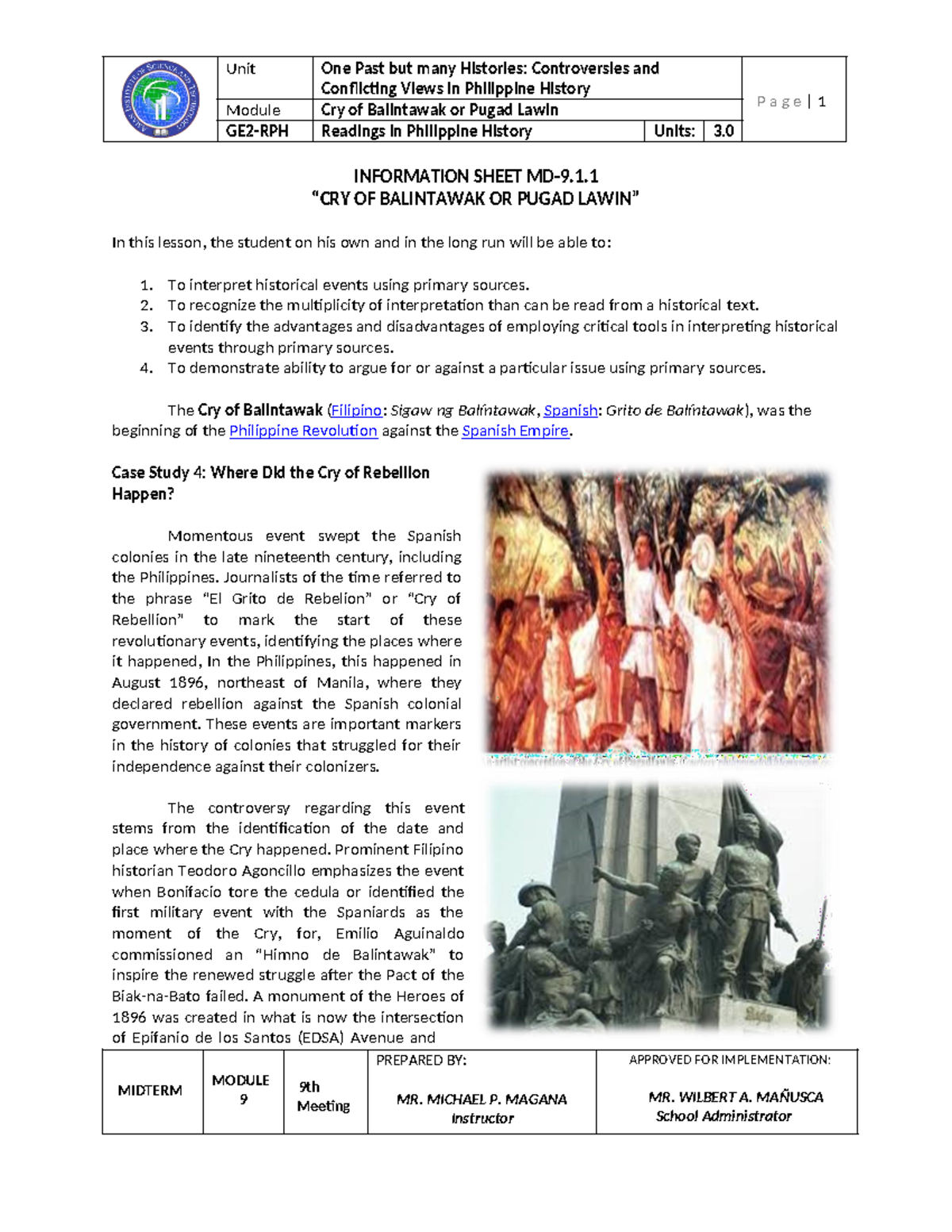 MPM Module 9-GE2-RPH - Lecture - Conflicting Views in Philippine History P a g e | 1 Module Cry ...