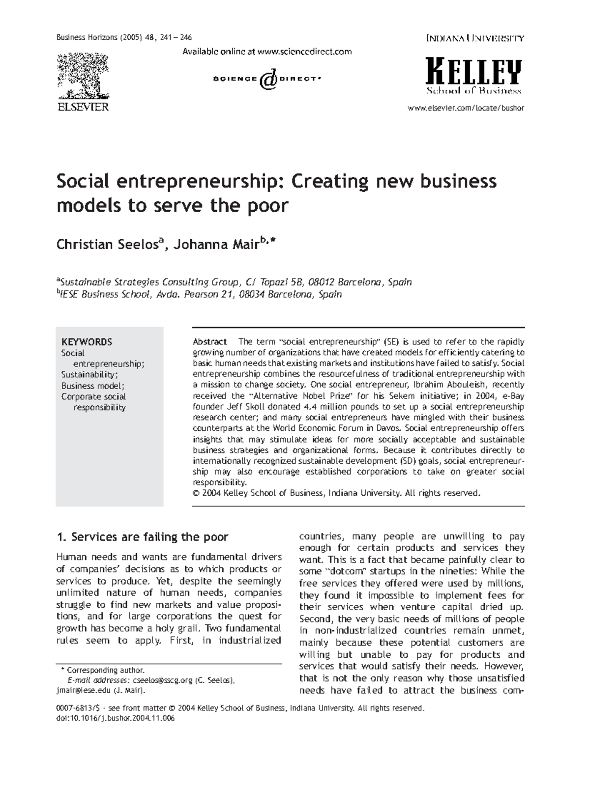 Wk2 reading BUSS1000 - Social entrepreneurship: Creating new business ...