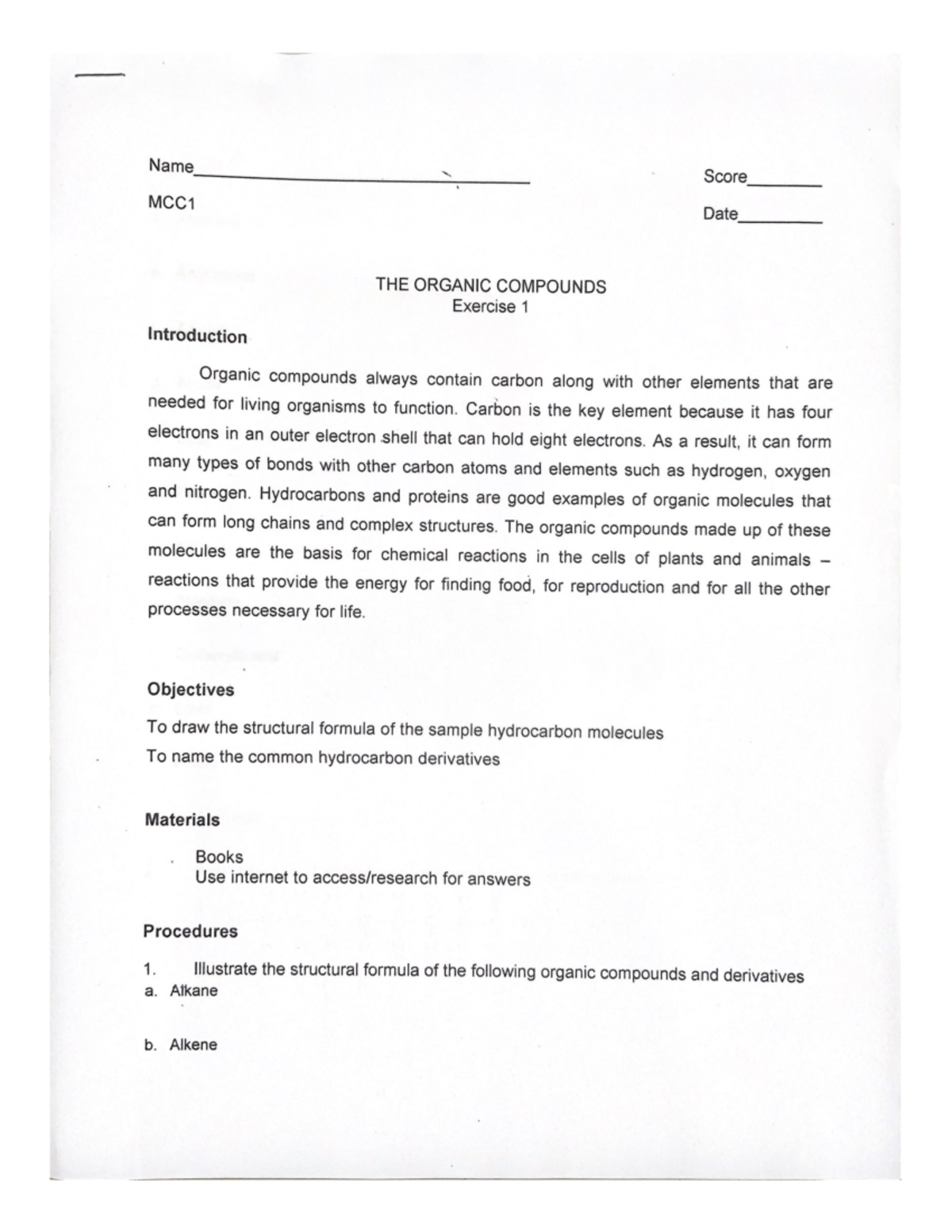 Exercise 1 THE Organic Compounds - Name Score MCC1 Date THE ORGANIC ...