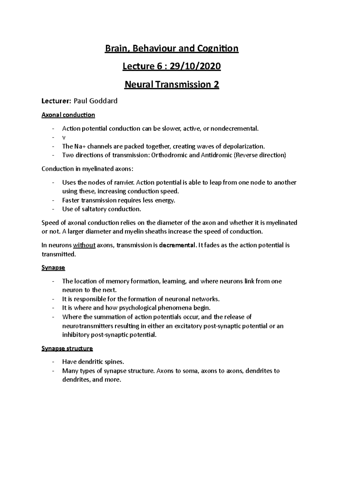 Bbc L6 Neural Transmission Ii Brain Behaviour And Cognition Lecture 6 2910 Neural