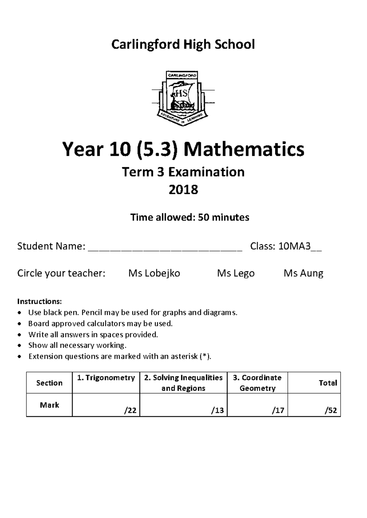 10 53 T3 2018 - maths past paper - Carlingford High School Year 10 (5 ...