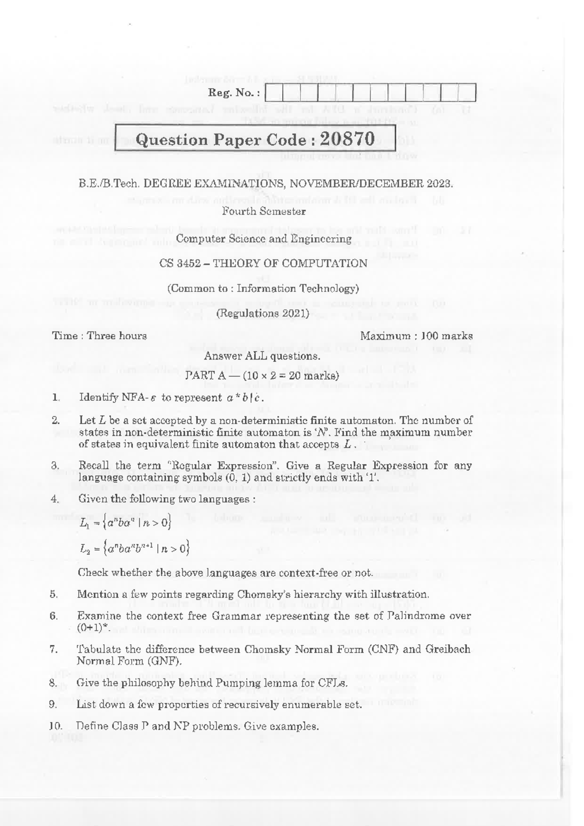 Cse Nd 2023 Cs 3452 Theory Of Computation 910346661 20870 Reg No Question Paper Code