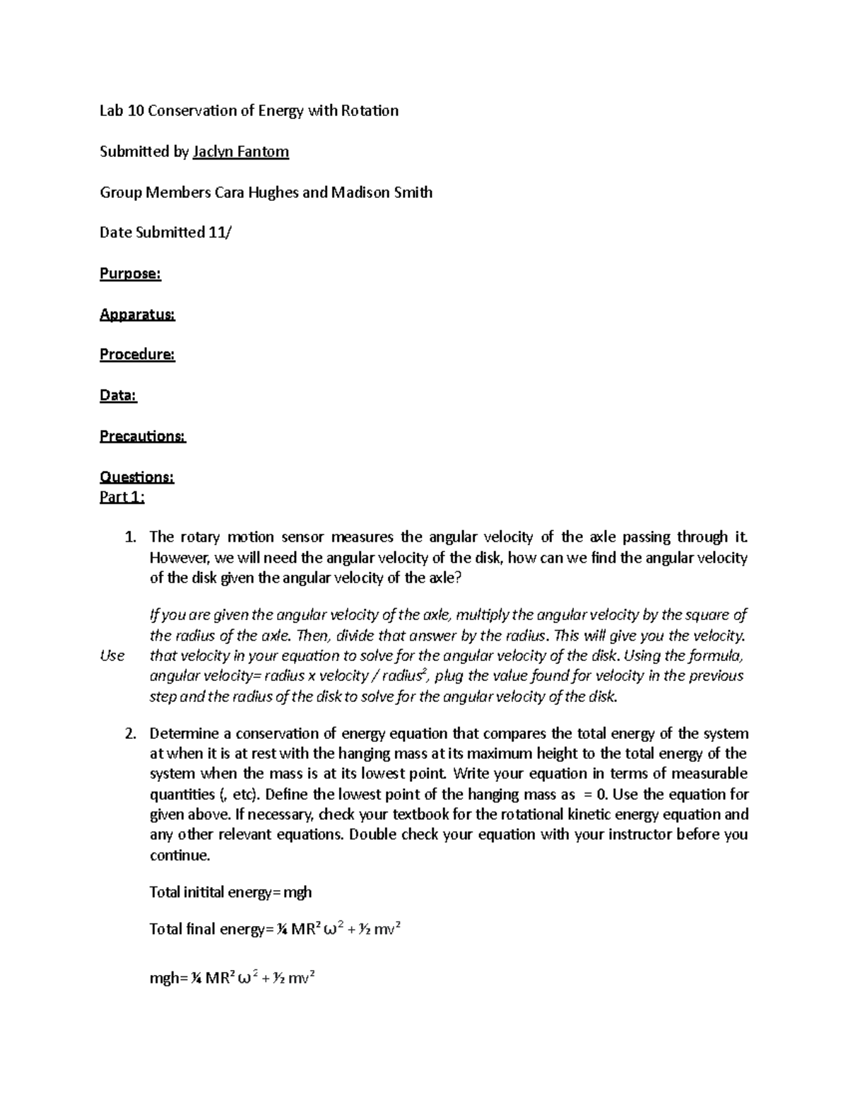 Lab 10 Conservation of Energy with Rotation - Lab 10 Conservation of ...