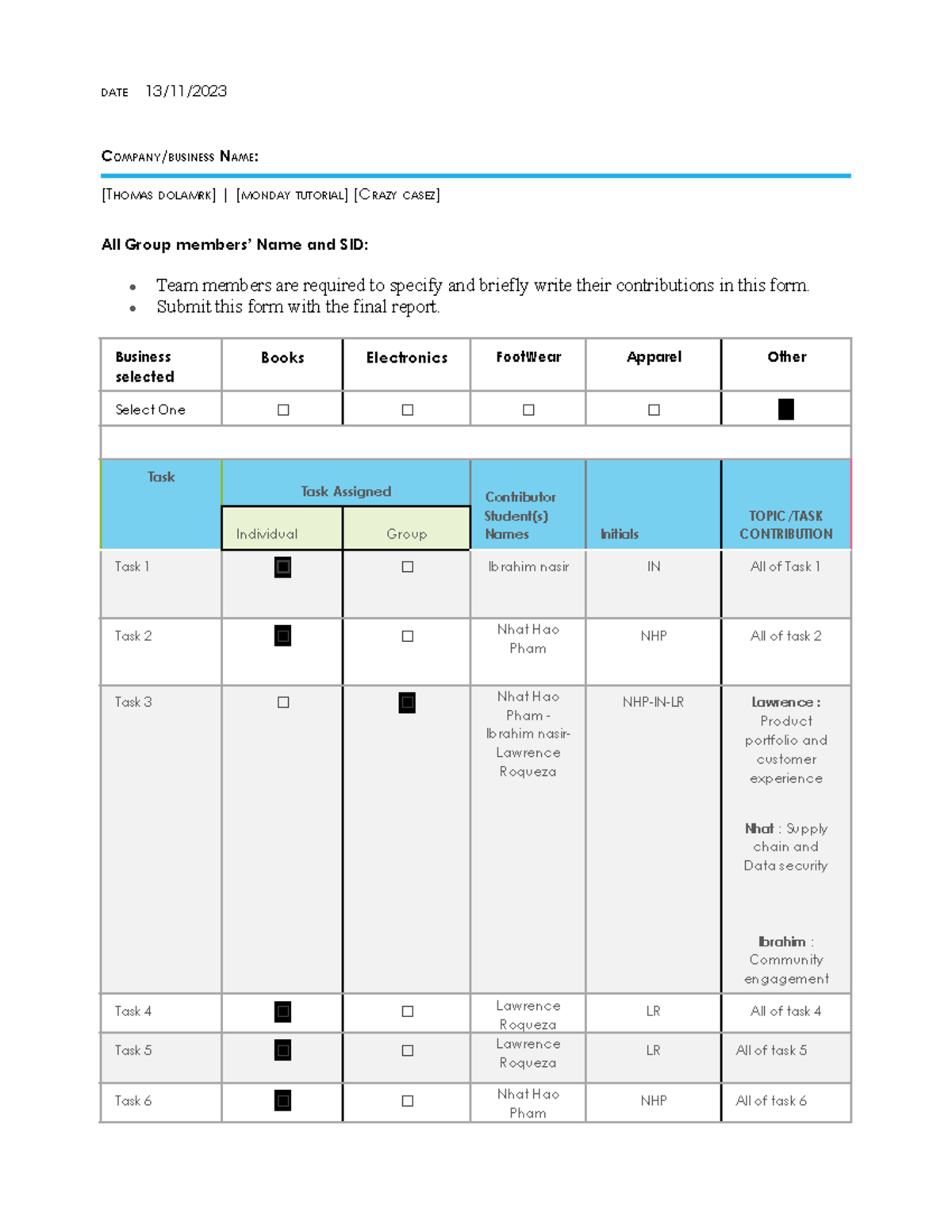 Group Contribution Form Assignment 2 - DATE 13/11/ COMPANY/BUSINESS ...