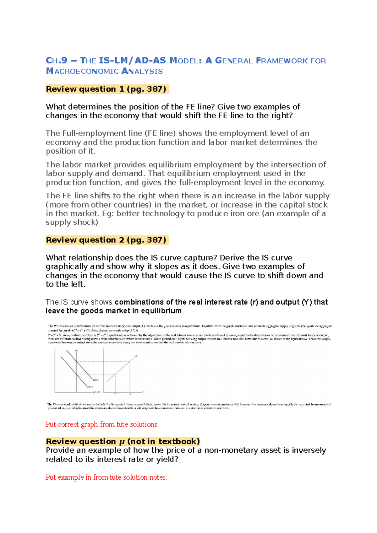 Week 5 tutorial questions - CH – THE IS-LM/AD-AS MODEL: A GENERAL FRAMEWORK FOR MACROECONOMIC ...