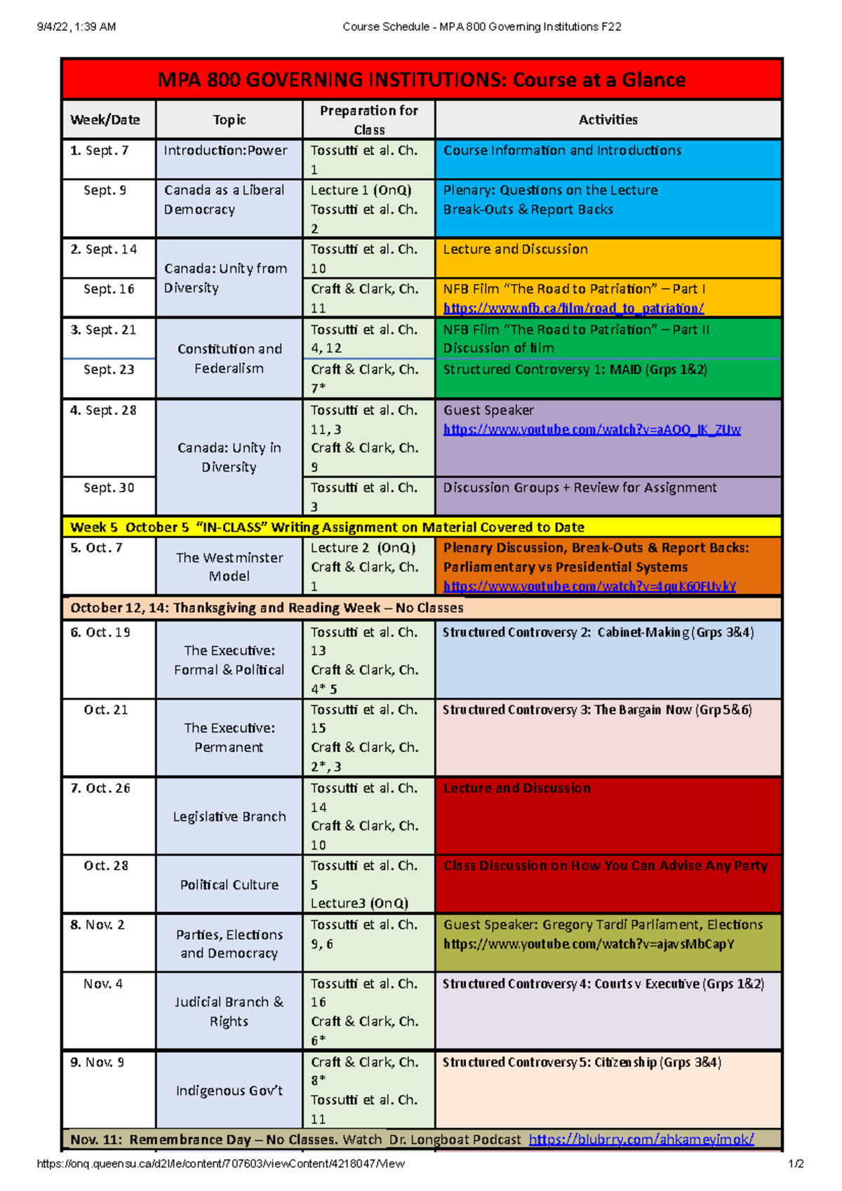 Course Schedule - MPA 800 Governing Institutions F22 - - Studocu