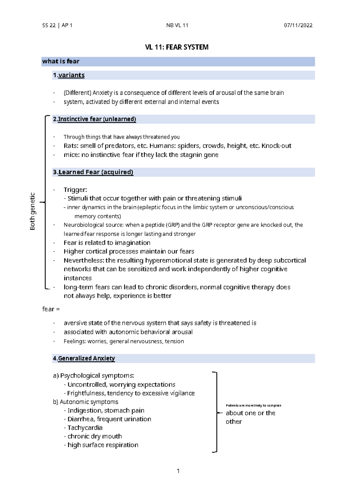 Summary 11.1 - Basic mechanisms of fear - VL 11: FEAR SYSTEM what is ...