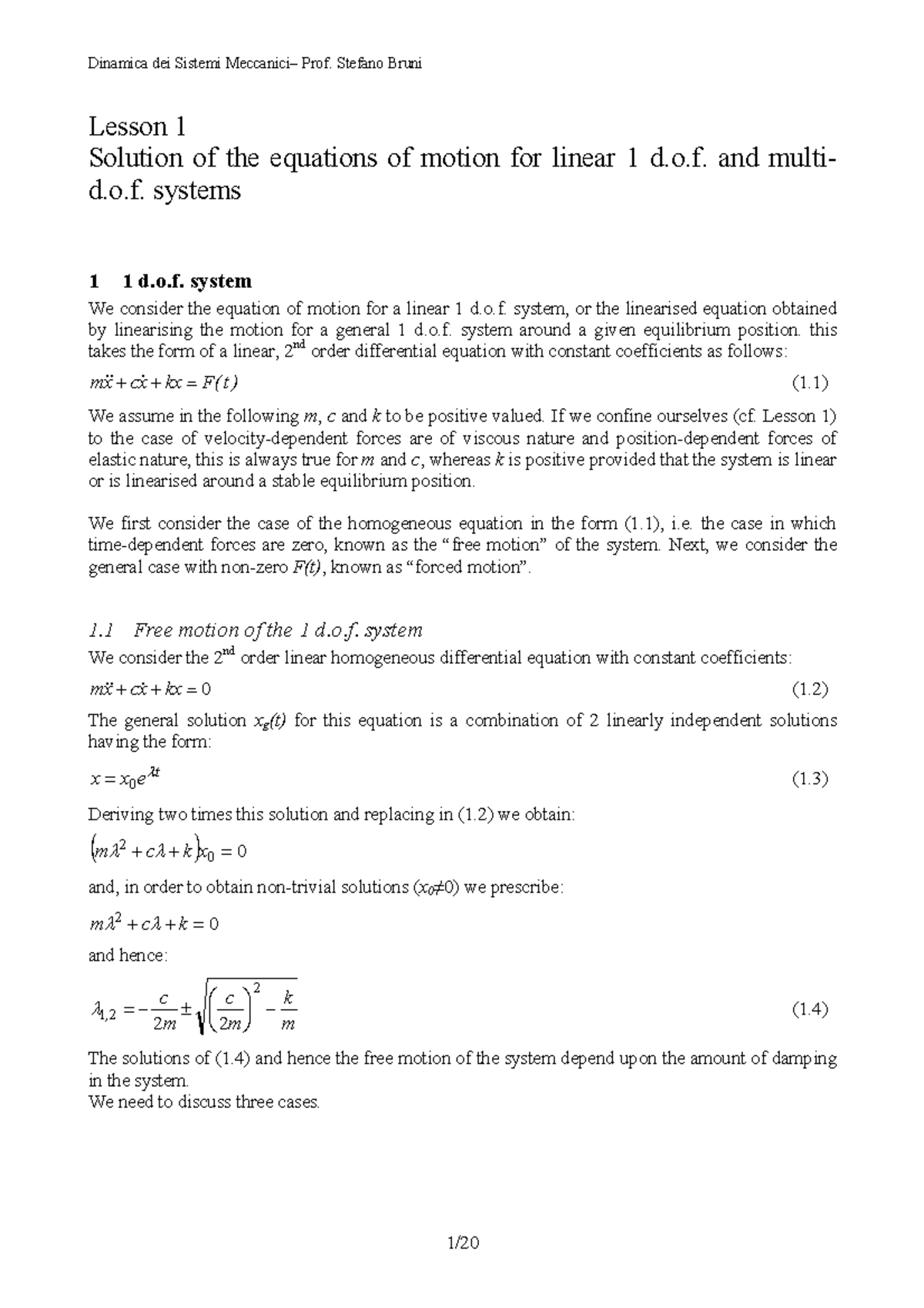 L1 - Linear vibration of single and multi-dof systems - Dinamica dei ...