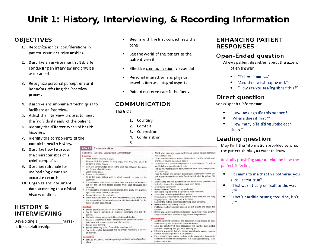 Unit 1. History, Interviewing, and Recording Information - OBJECTIVES ...