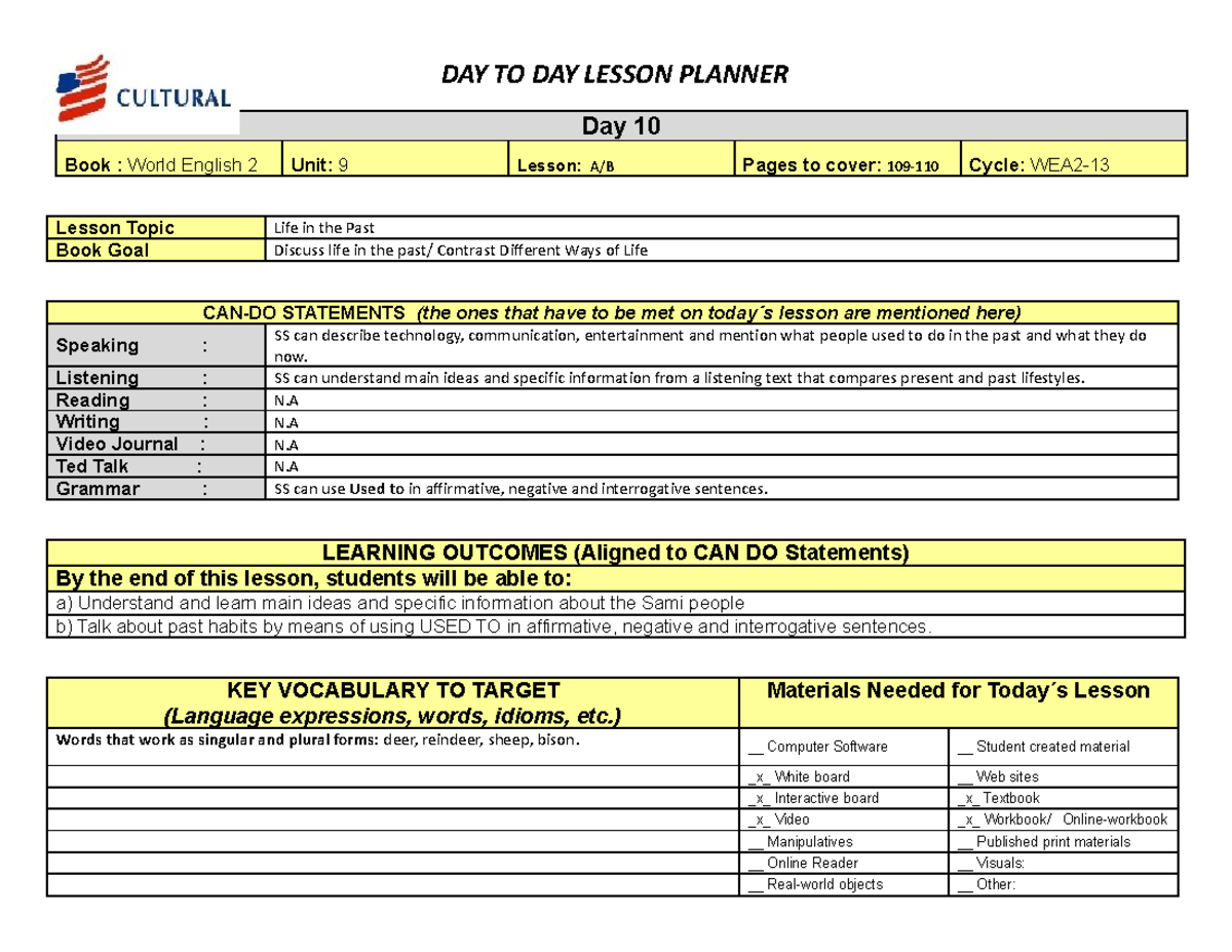DAY TO DAY Lesson Planner A2-13 (day 10) - DAY TO DAY LESSON PLANNER ...