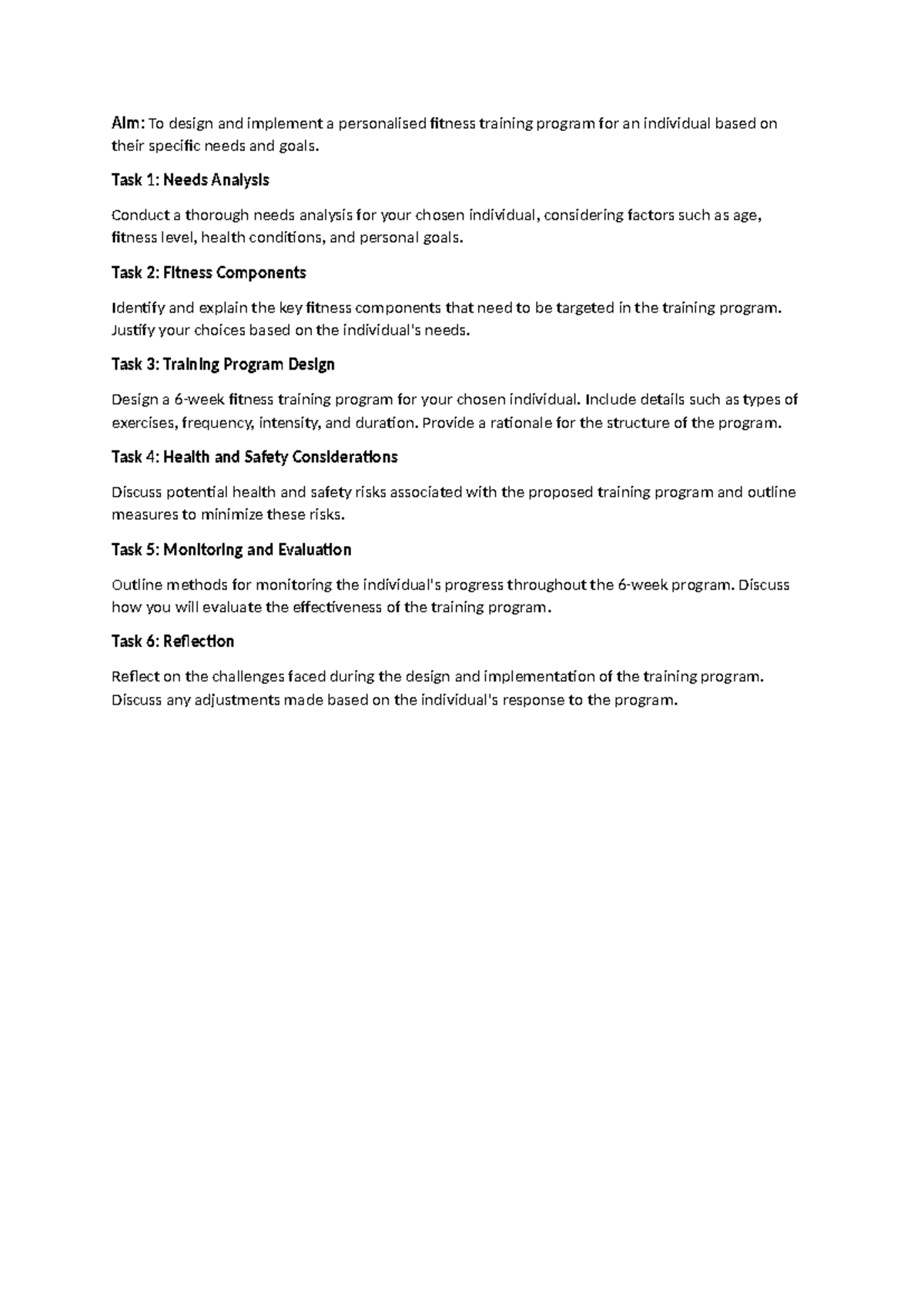 Task - Work - Aim: To design and implement a personalised fitness ...