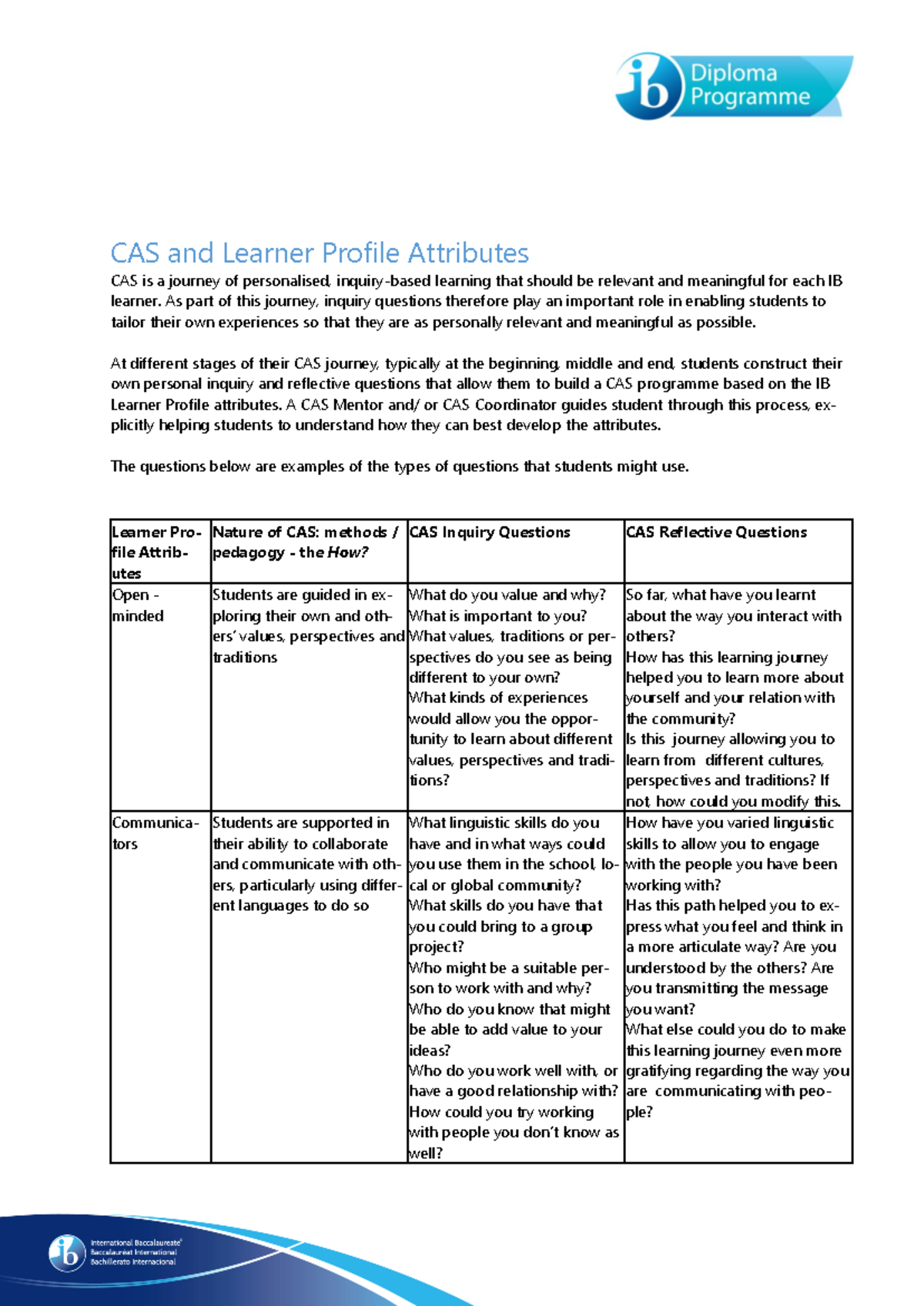 CAS and Learner Profile Attributes - As part of this journey, inquiry ...