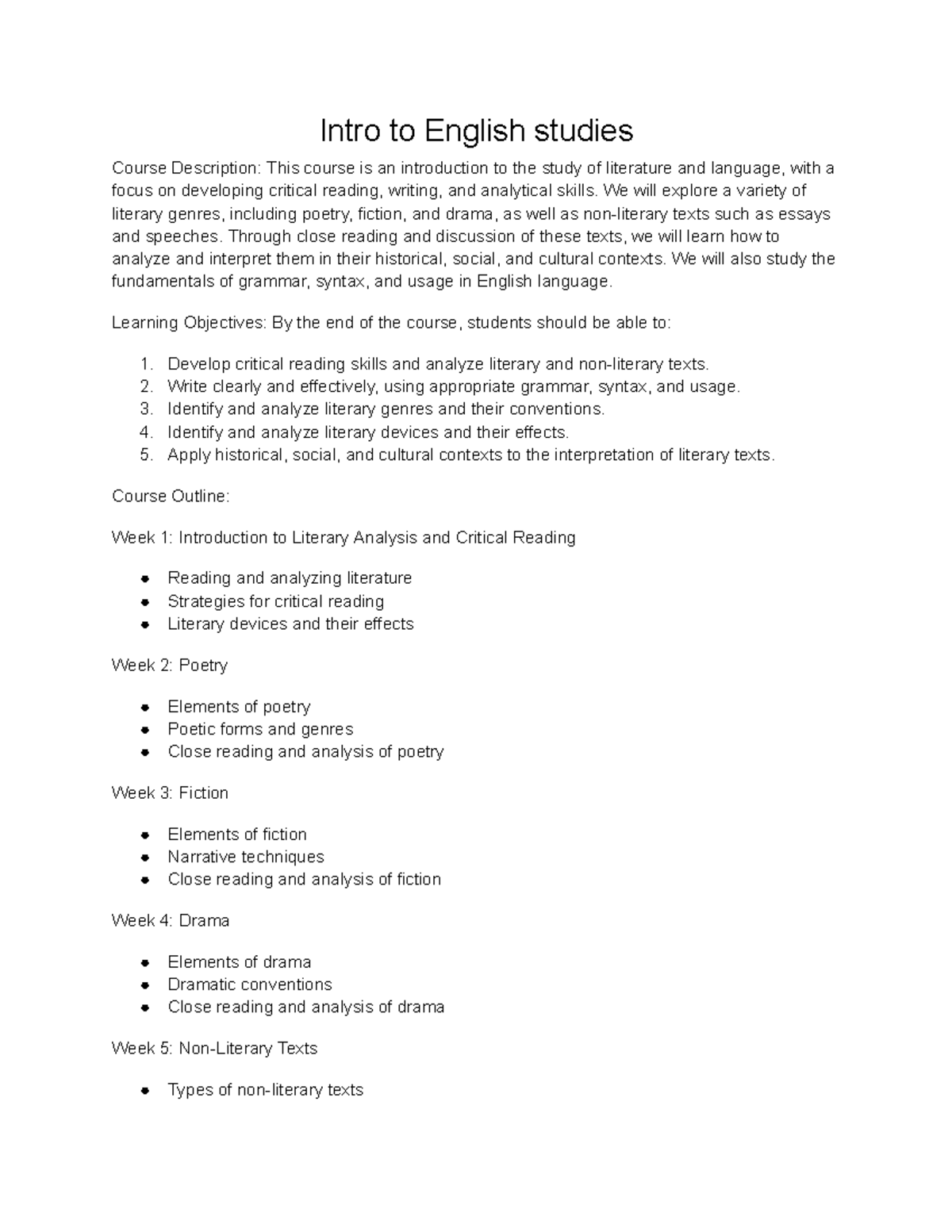 Intro to English studies - Detailed Syllabus - Intro to English studies ...